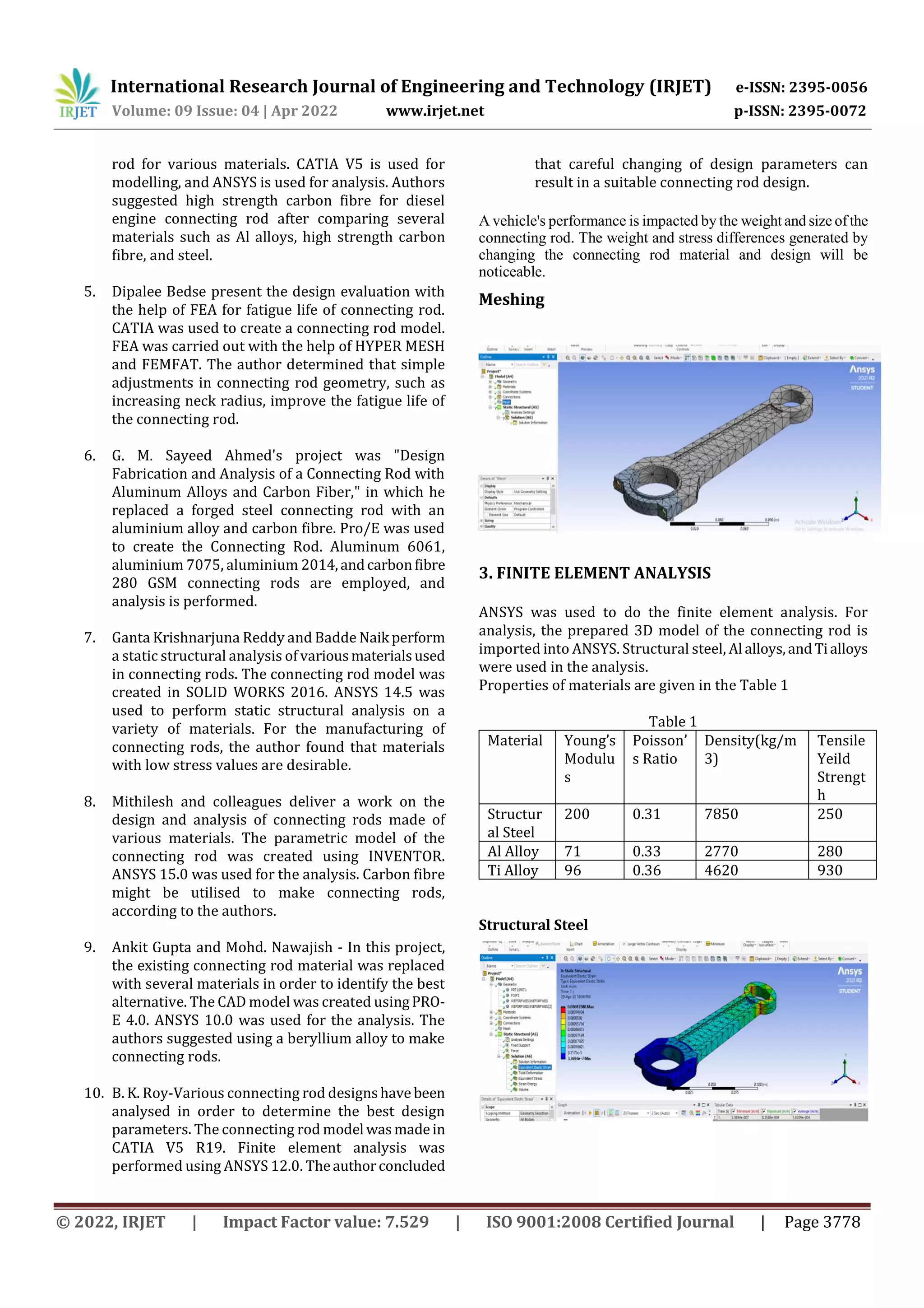 Finite Element Analysis of Connecting Rod for different materials | PDF | Physics | Science