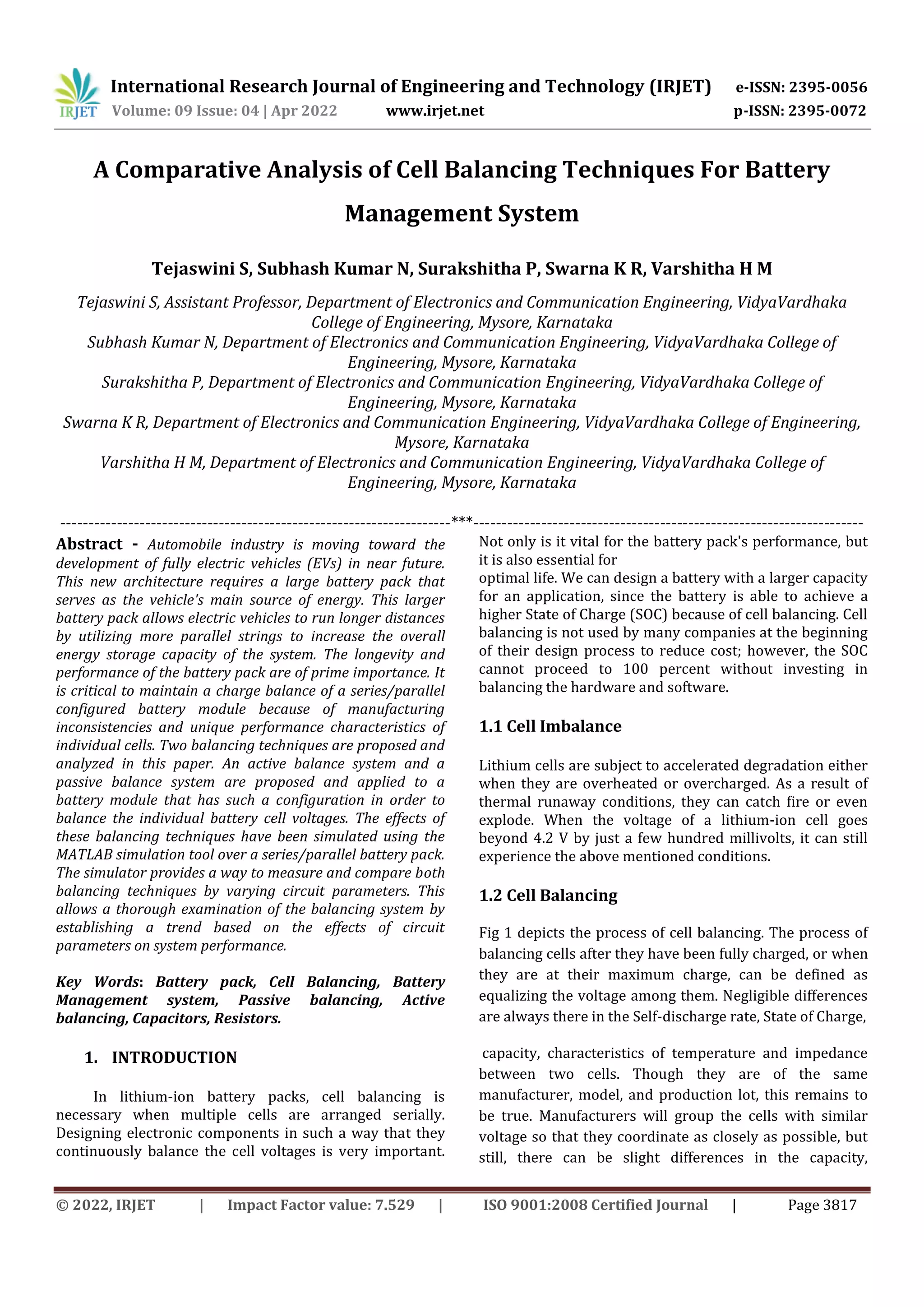 A Comparative Analysis of Cell Balancing Techniques For Battery Management System | PDF