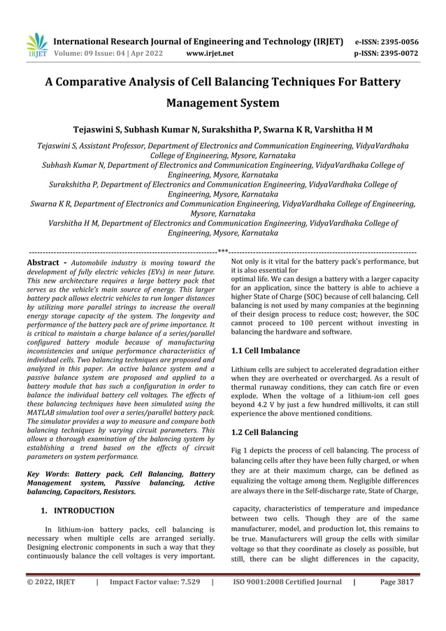 A Comparative Analysis of Cell Balancing Techniques For Battery Management System | PDF