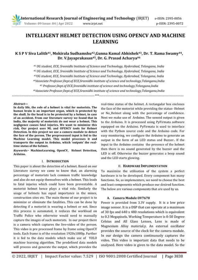 INTELLIGENT HELMET DETECTION USING OPENCV AND MACHINE LEARNING | PDF