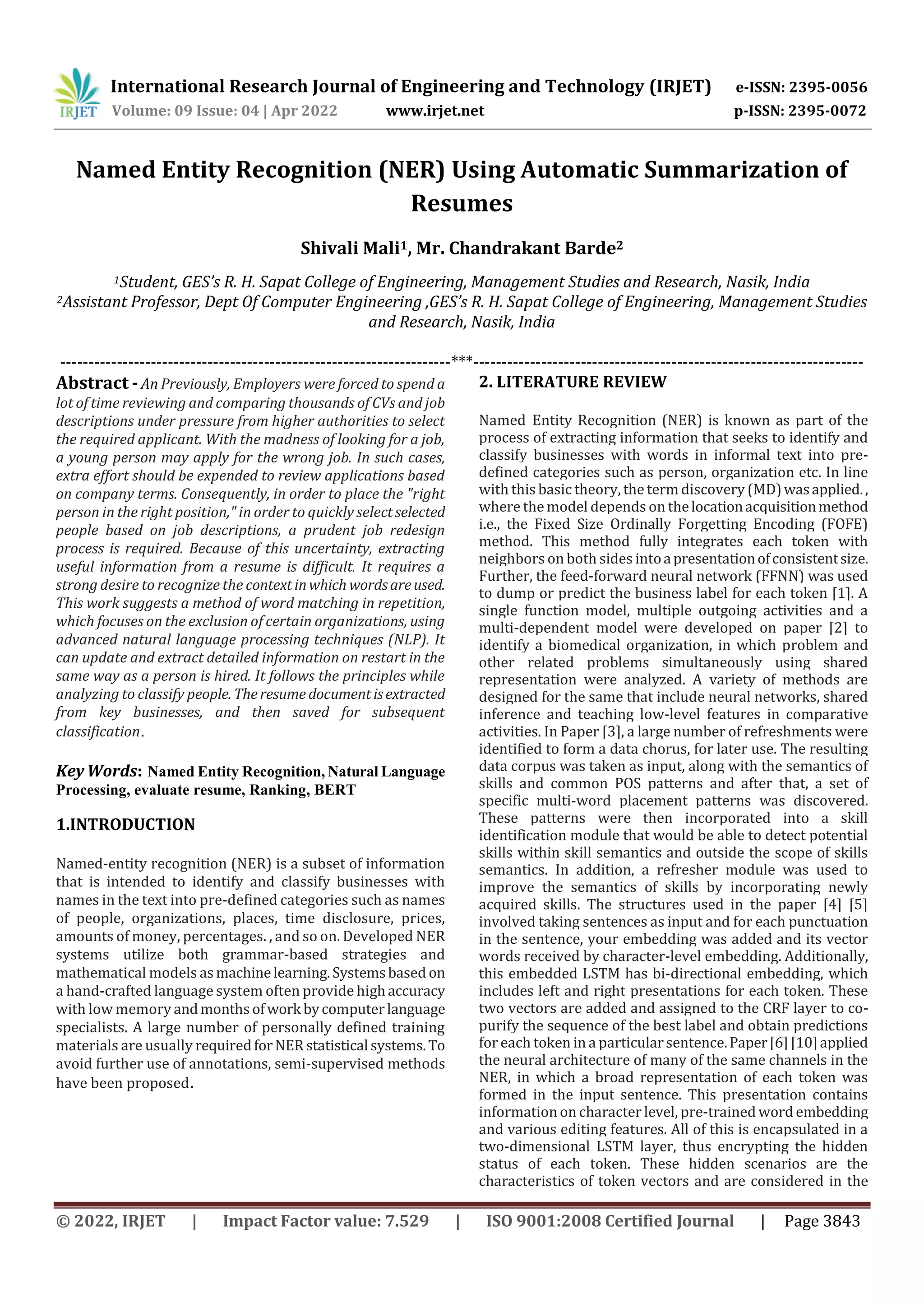 Named Entity Recognition (NER) Using Automatic Summarization of Resumes | PDF | Web Design and ...