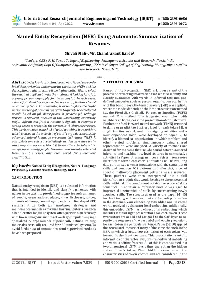 Named Entity Recognition (NER) Using Automatic Summarization of Resumes | PDF