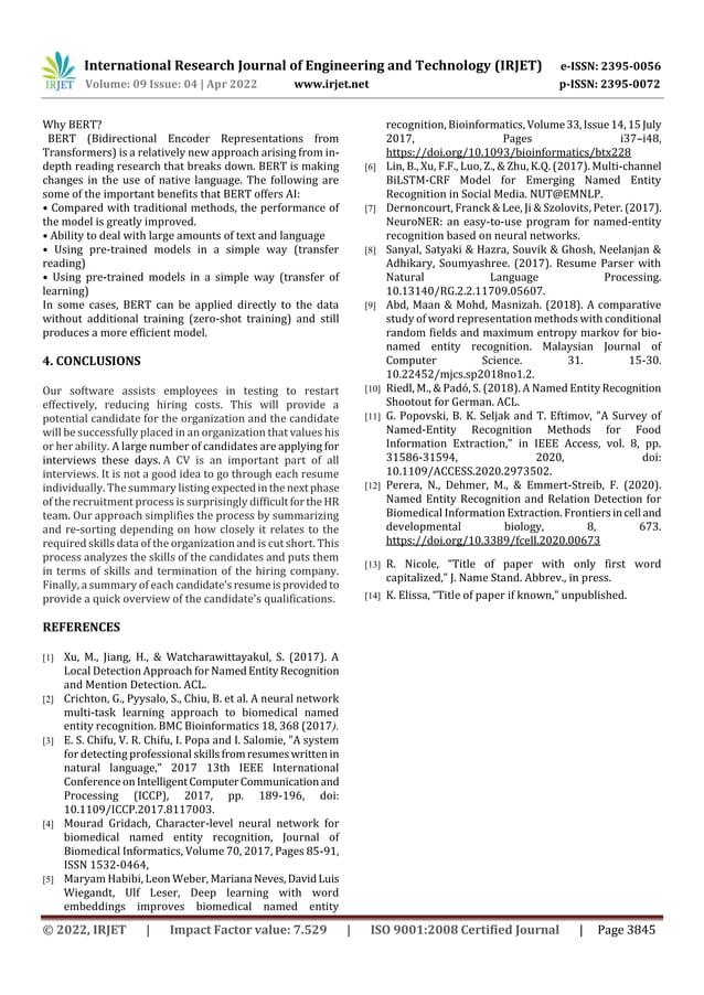 Named Entity Recognition (NER) Using Automatic Summarization of Resumes | PDF