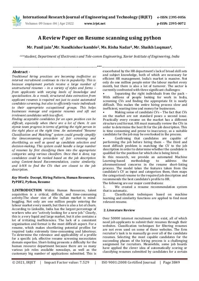 A Review Paper on Resume scanning using python | PDF A Review Paper on Resume scanning using python | PDF