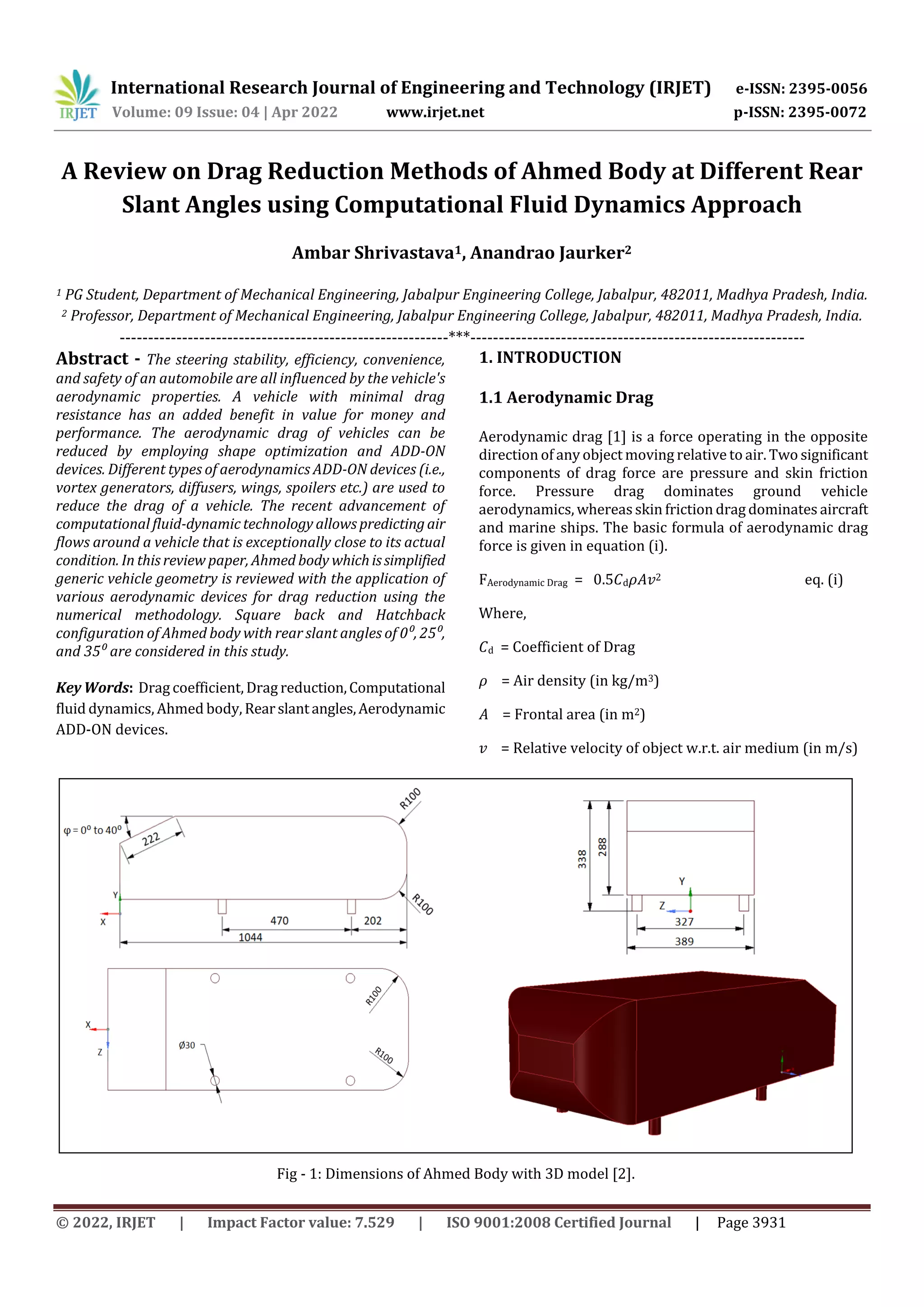 A Review on Drag Reduction Methods of Ahmed Body at Different Rear Slant Angles using ...