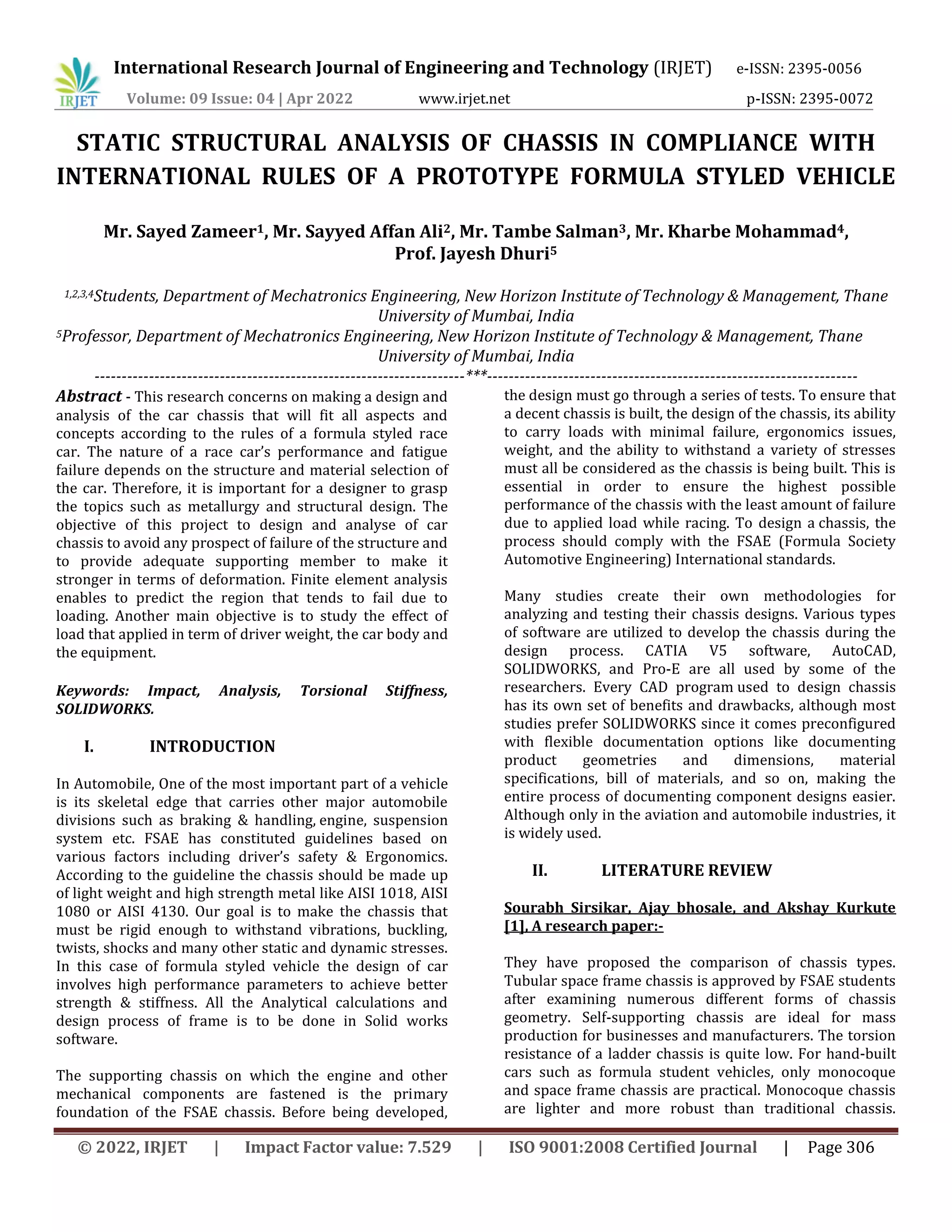 STATIC STRUCTURAL ANALYSIS OF CHASSIS IN COMPLIANCE WITH INTERNATIONAL ...