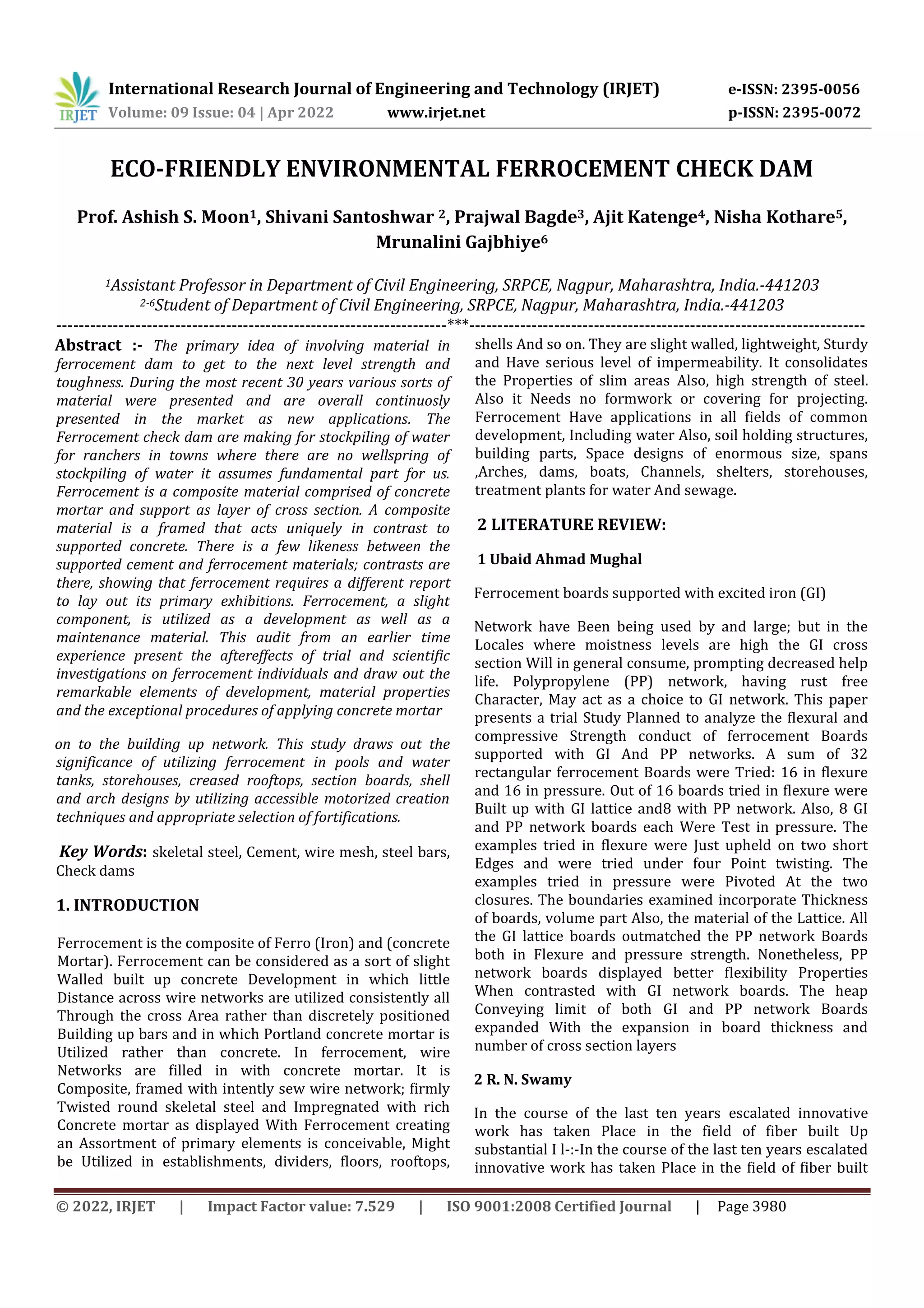 ECO-FRIENDLY ENVIRONMENTAL FERROCEMENT CHECK DAM | PDF