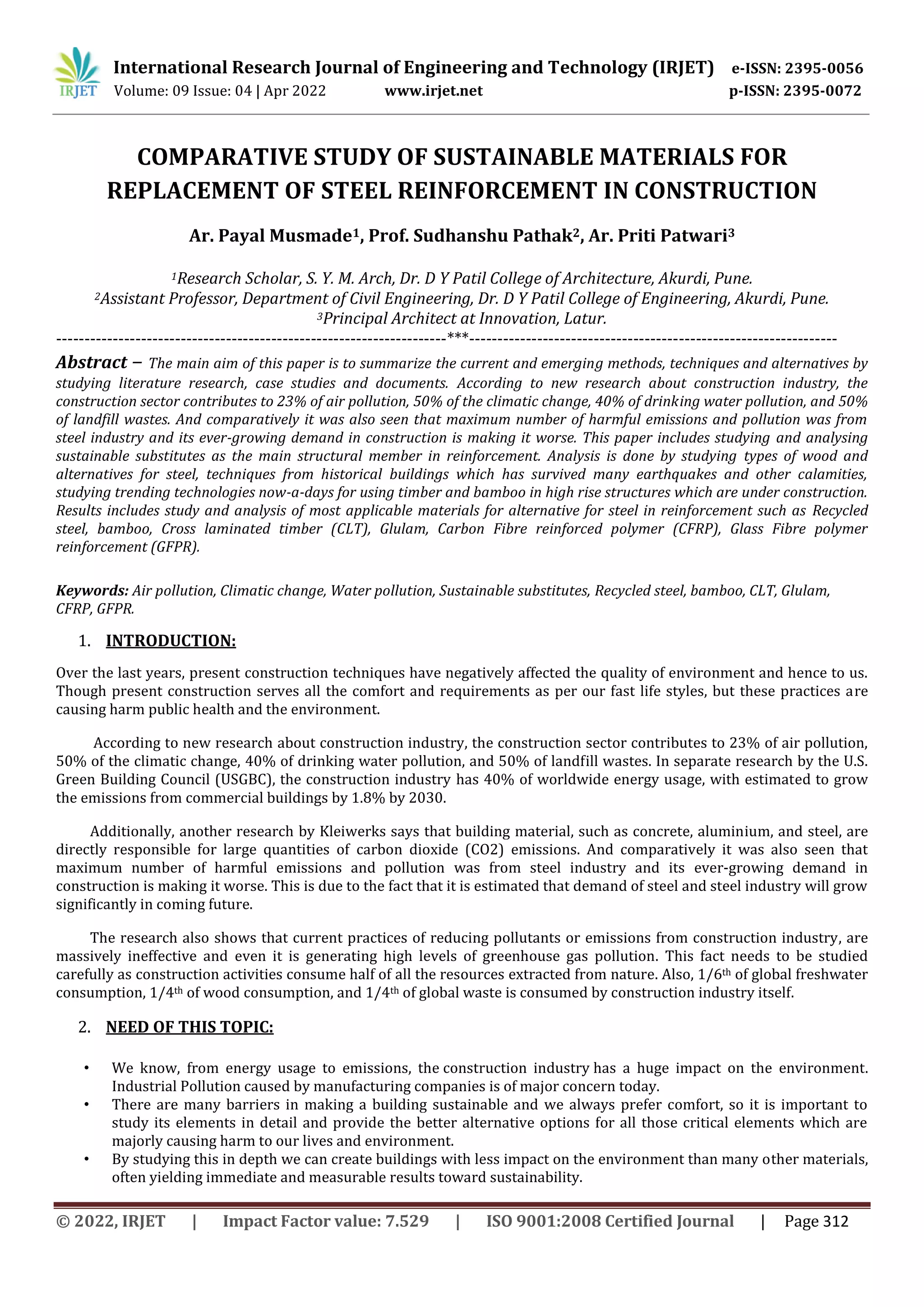 COMPARATIVE STUDY OF SUSTAINABLE MATERIALS FOR REPLACEMENT OF STEEL ...