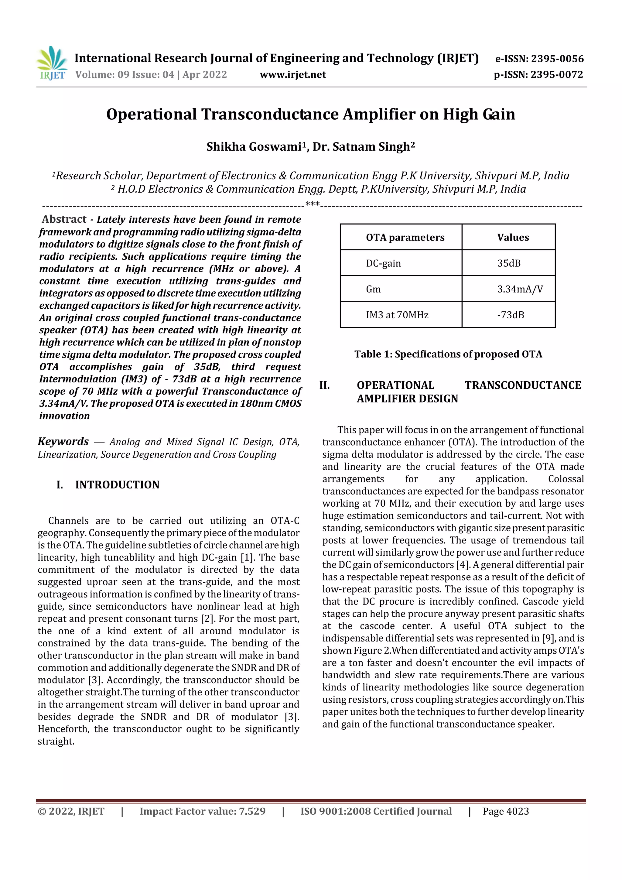 Operational Transconductance Amplifier on High Gain | PDF