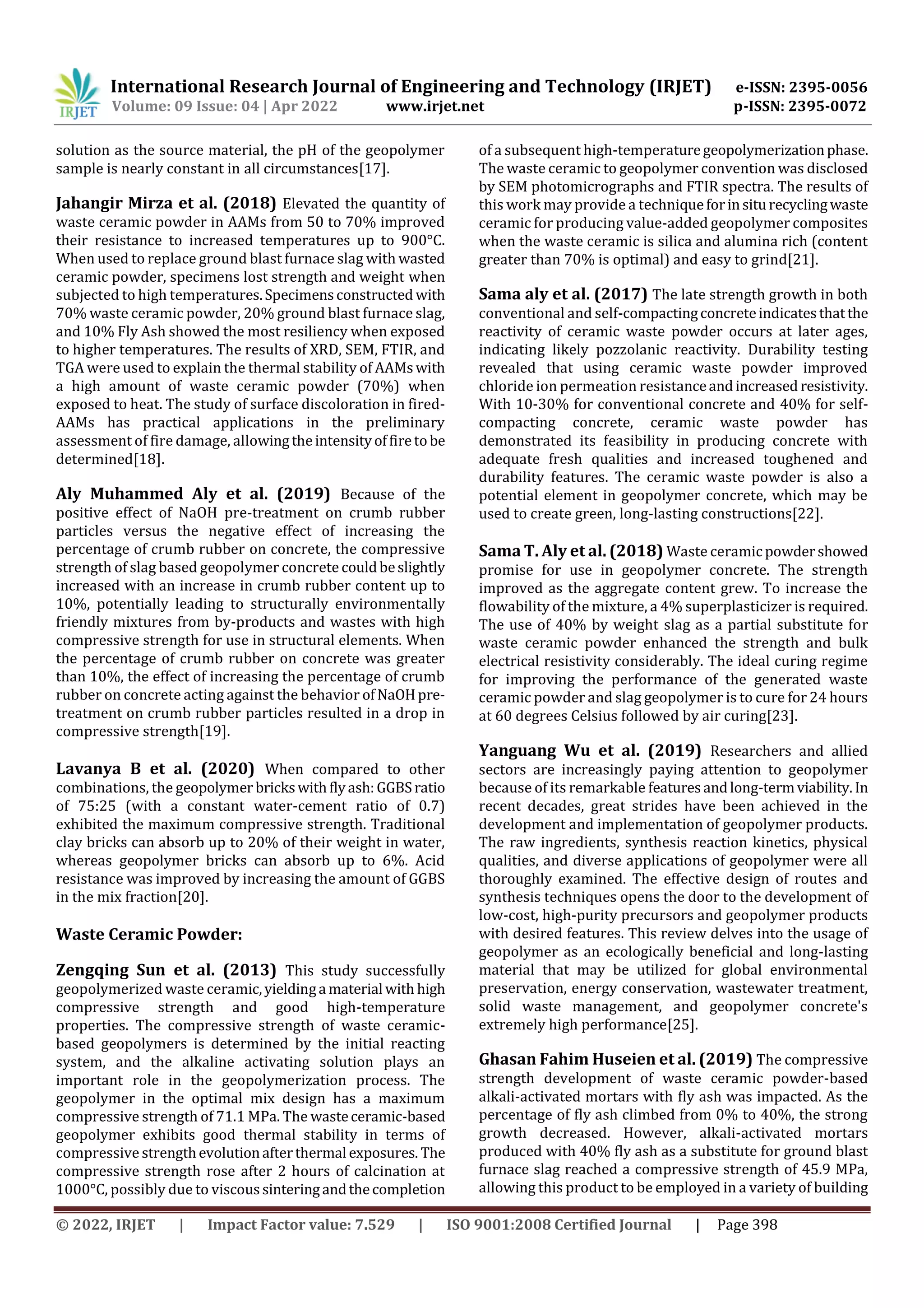 Experimental Study on Geopolymer Concrete Using Waste Ceramic Powder: A ...