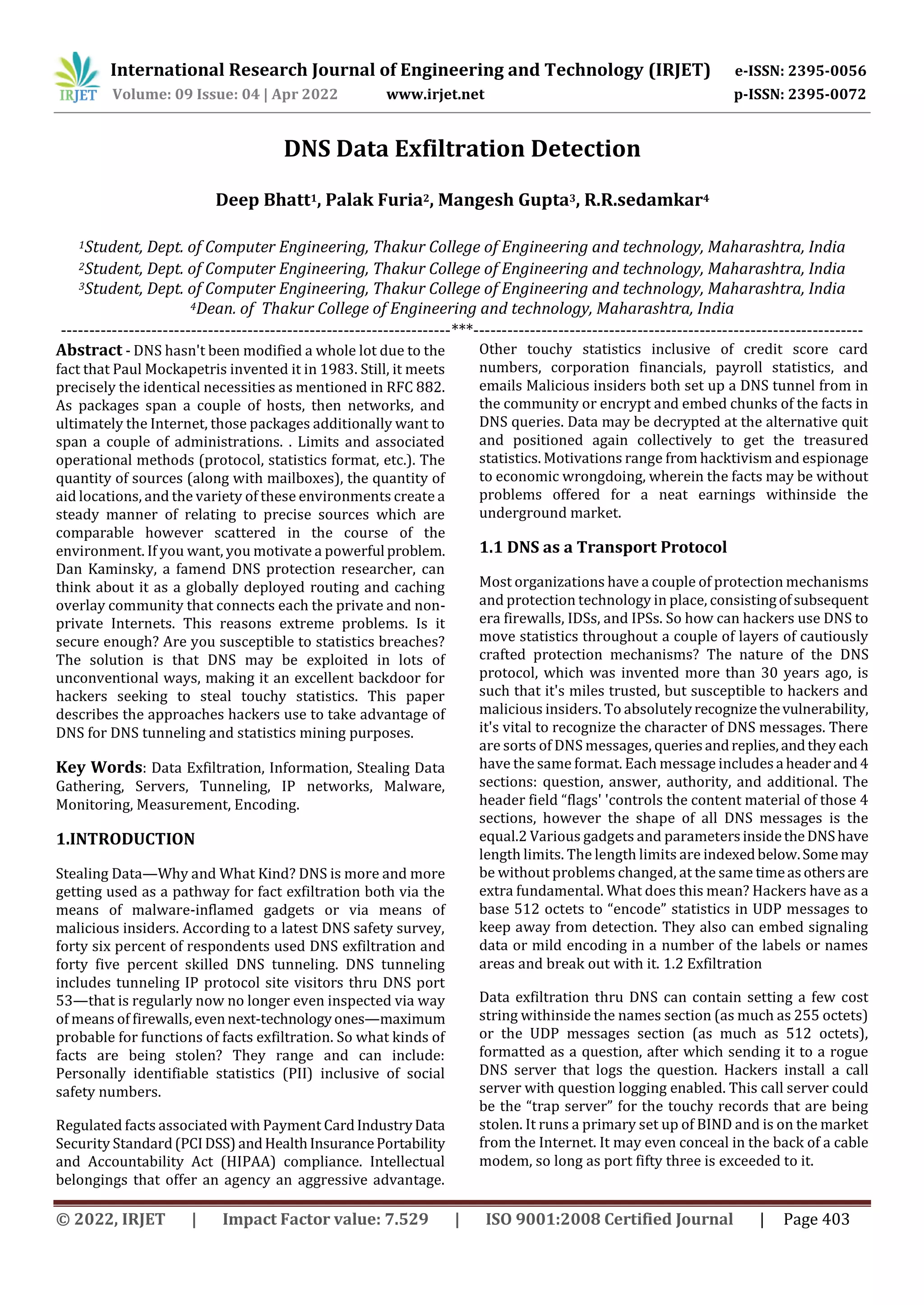 DNS Data Exfiltration Detection | PDF | Internet | Computing