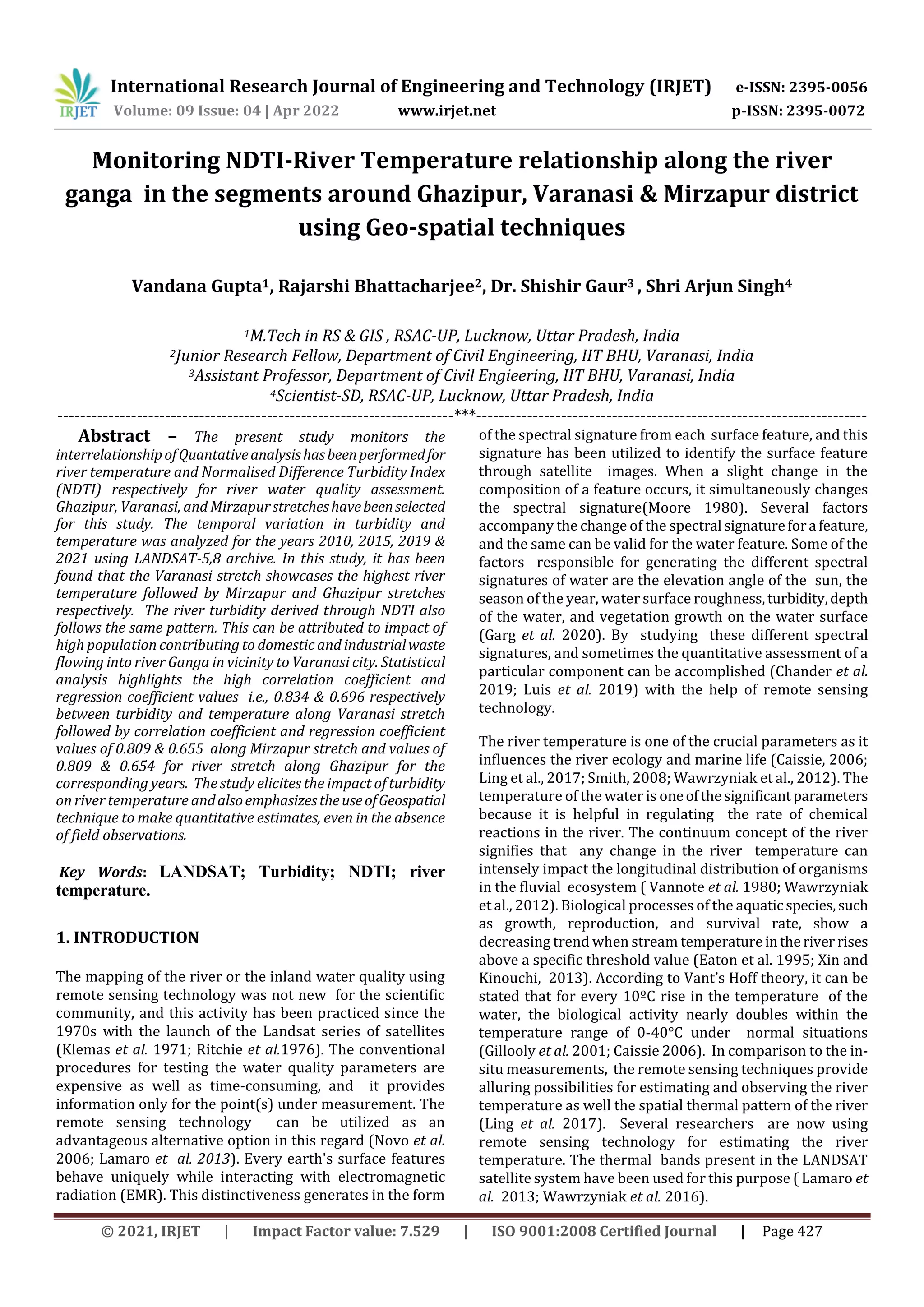 Monitoring NDTI-River Temperature relationship along the river ganga in the segments around ...