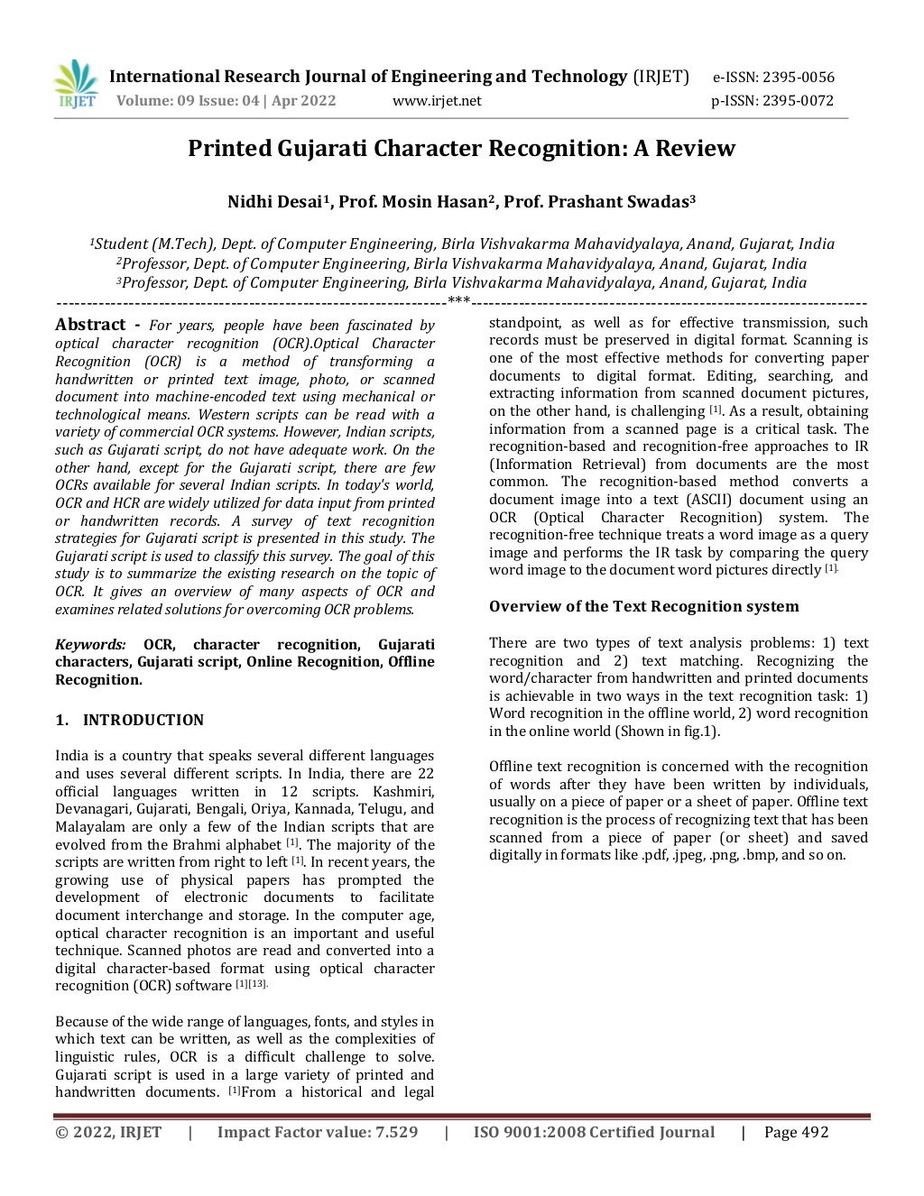 Printed Gujarati Character Recognition: A Review | PDF