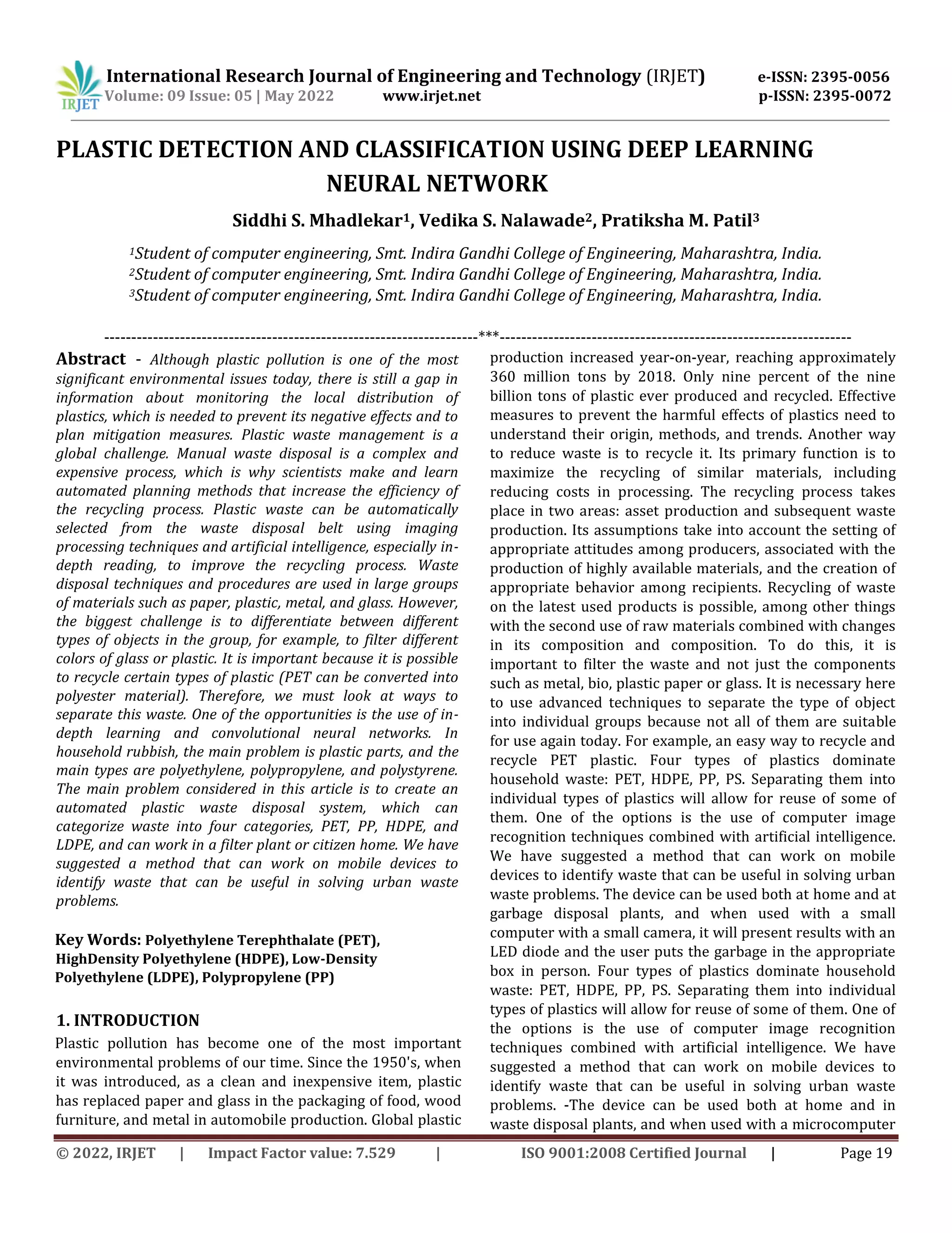 PLASTIC DETECTION AND CLASSIFICATION USING DEEP LEARNING NEURAL NETWORK | PDF