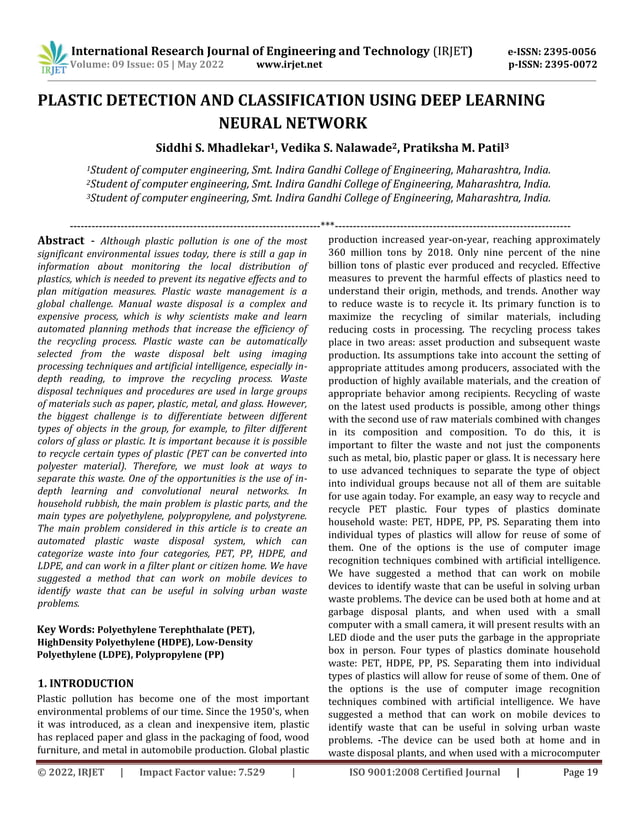 PLASTIC DETECTION AND CLASSIFICATION USING DEEP LEARNING NEURAL NETWORK | PDF