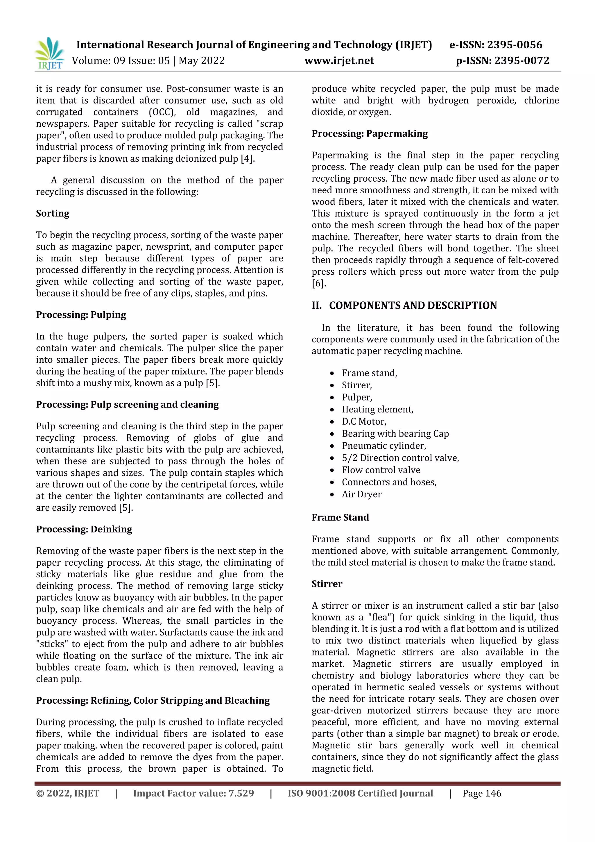 Design and Fabrication of Automated Paper Recycling Machine: A Review | PDF