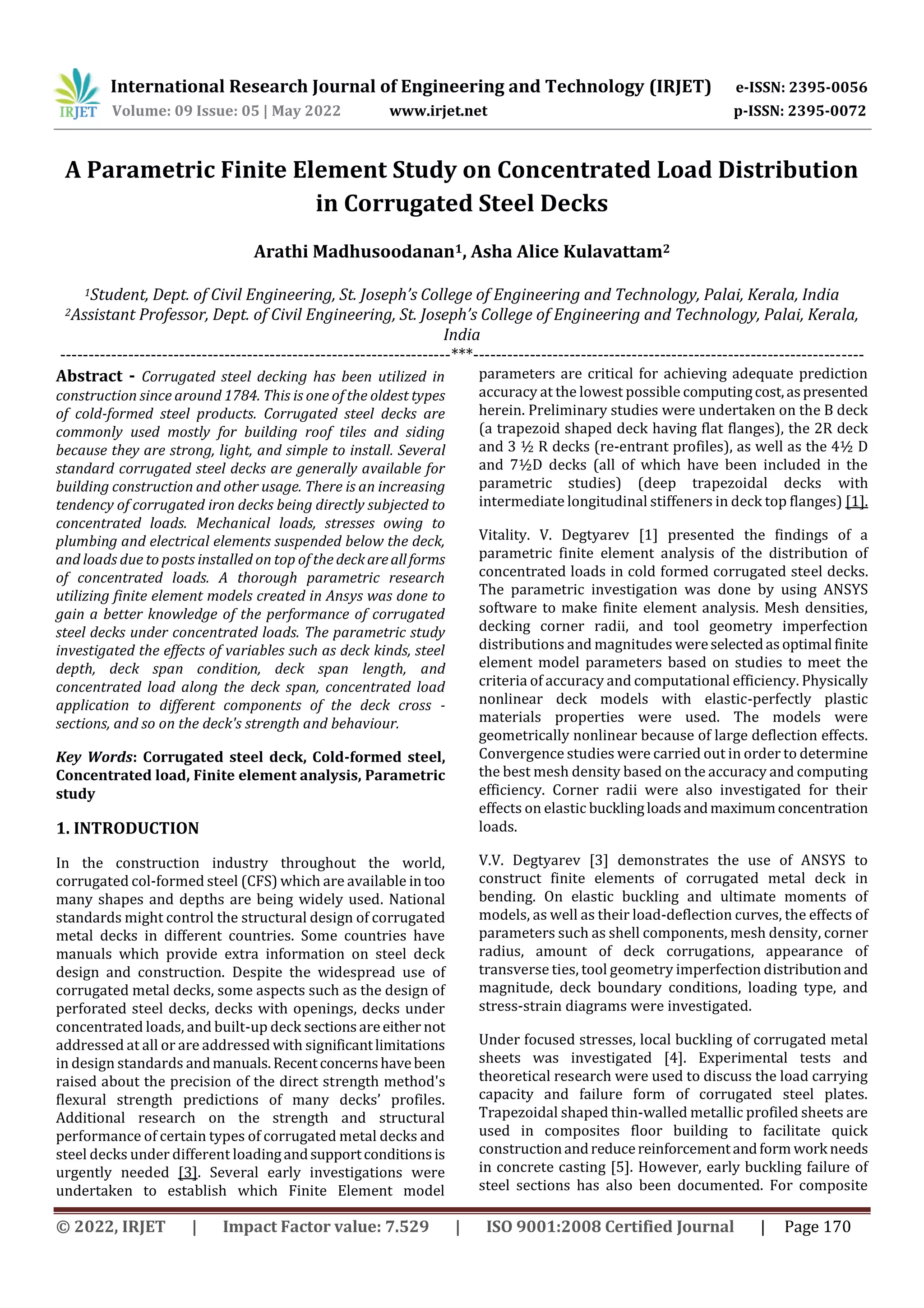 A Parametric Finite Element Study on Concentrated Load Distribution in Corrugated Steel Decks | PDF