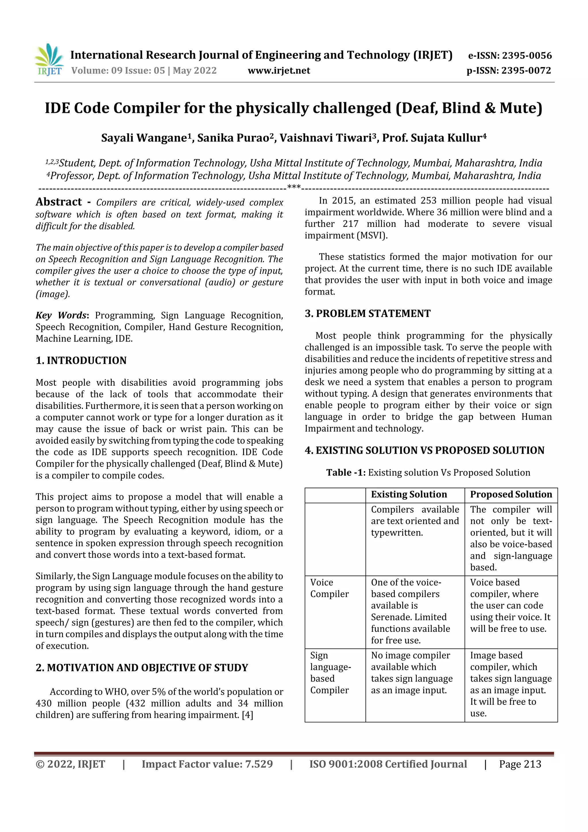 IDE Code Compiler for the physically challenged (Deaf, Blind & Mute) | PDF