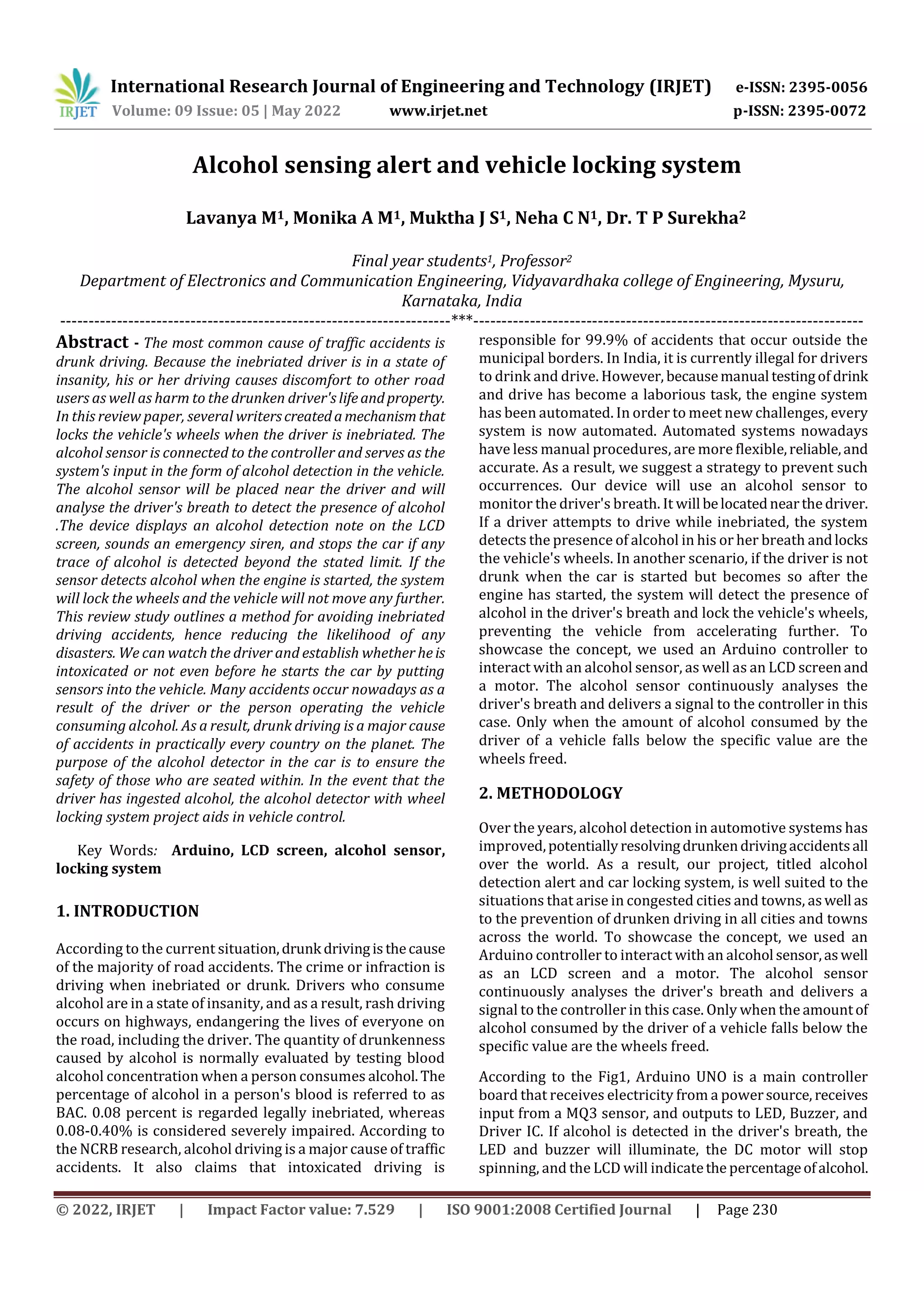 Alcohol sensing alert and vehicle locking system | PDF