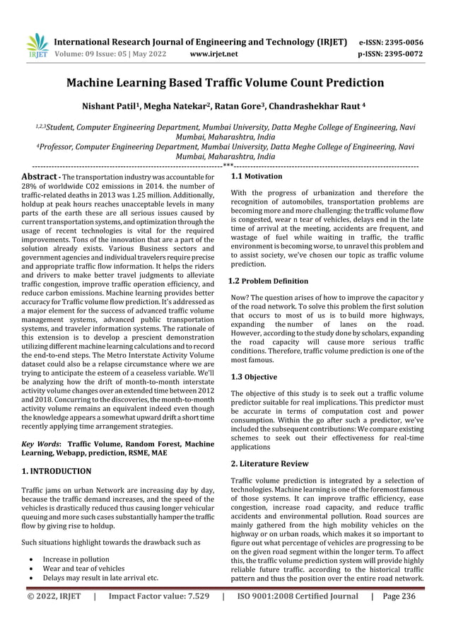 Machine Learning Based Traffic Volume Count Prediction Pdf Computing Technology And Computing