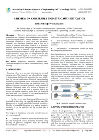 A REVIEW ON CANCELABLE BIOMETRIC AUTHENTICATION | PDF