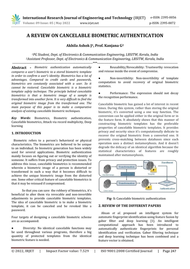 A Review On Cancelable Biometric Authentication Pdf