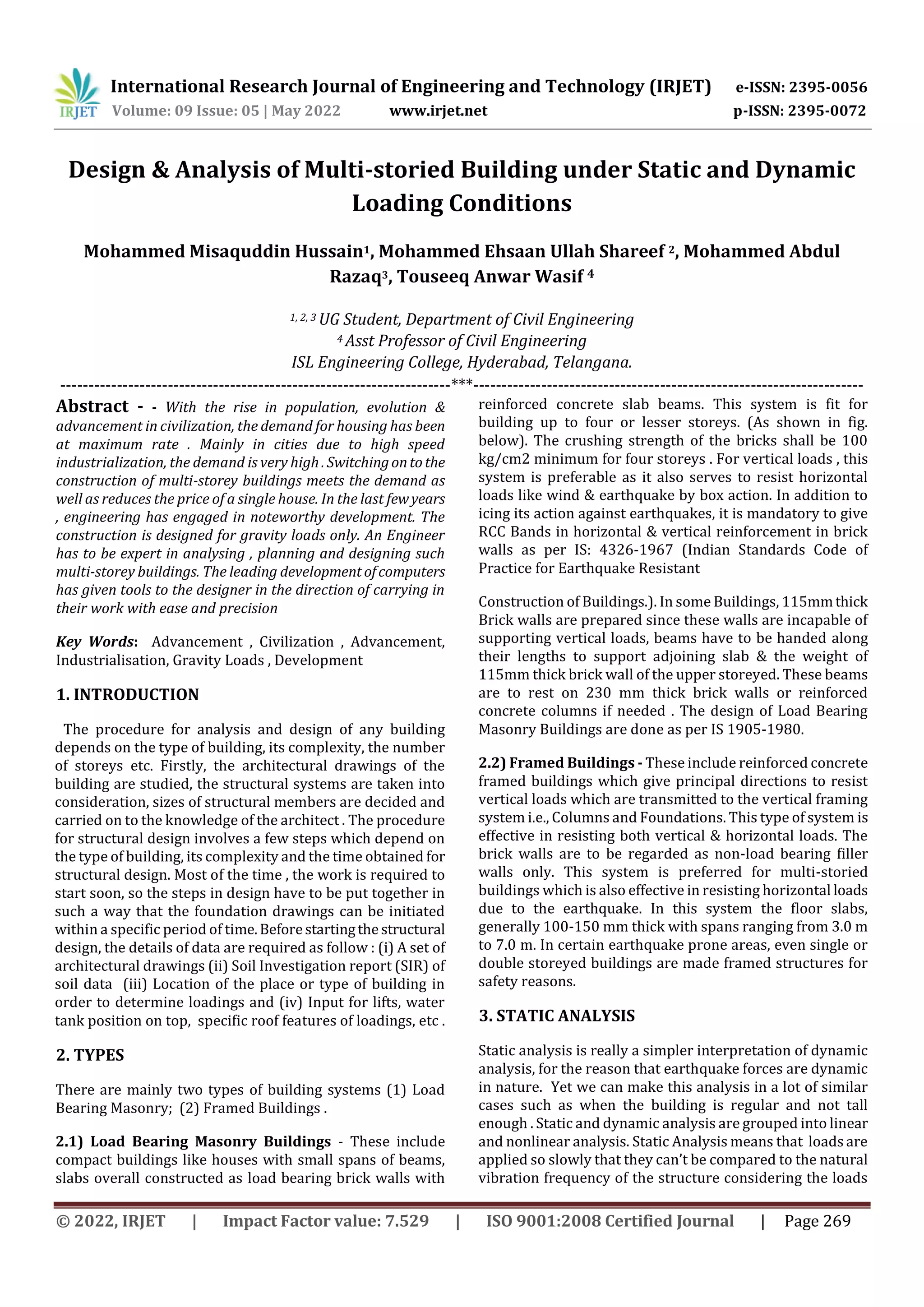 Design & Analysis of Multi-storied Building under Static and Dynamic Loading Conditions | PDF