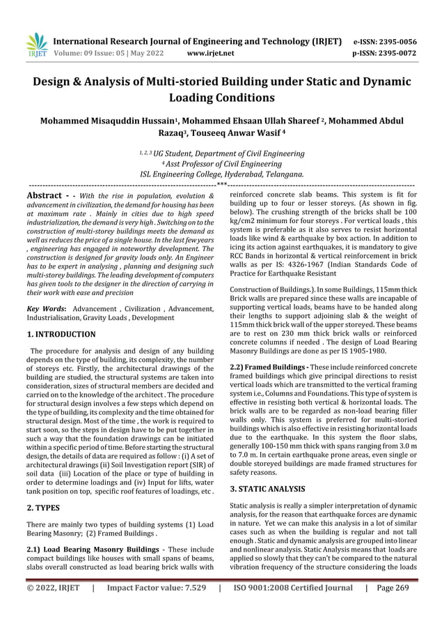 Design & Analysis of Multi-storied Building under Static and Dynamic Loading Conditions | PDF