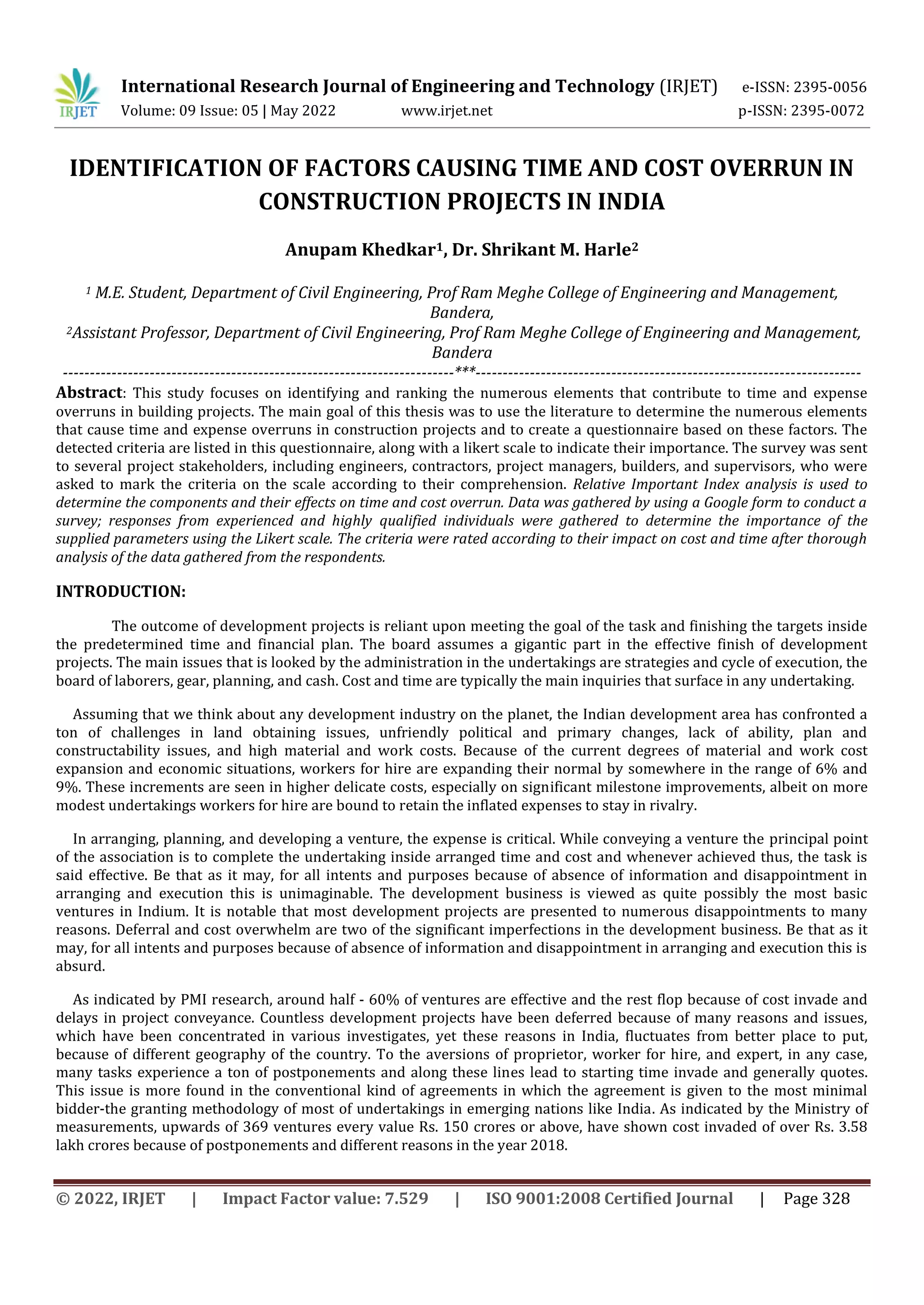 IDENTIFICATION OF FACTORS CAUSING TIME AND COST OVERRUN IN CONSTRUCTION ...