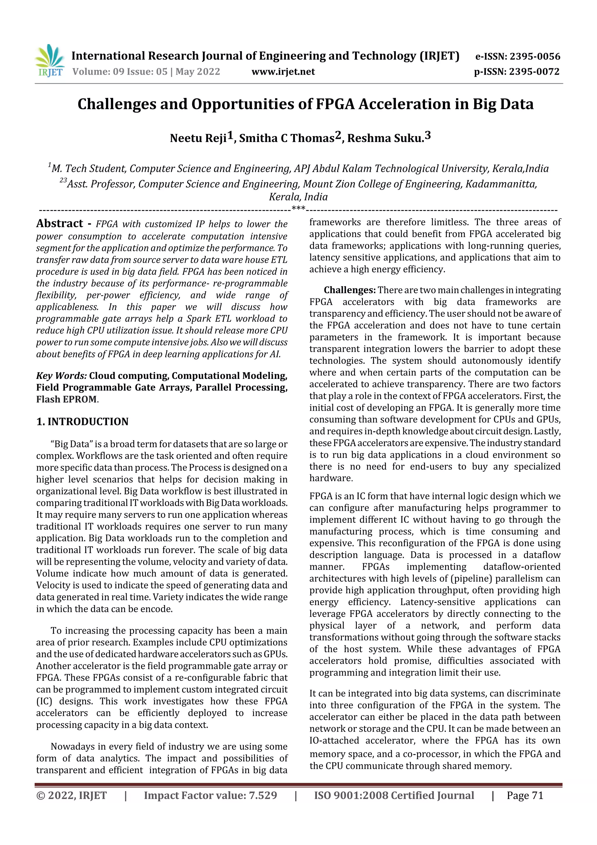 Challenges and Opportunities of FPGA Acceleration in Big Data | PDF