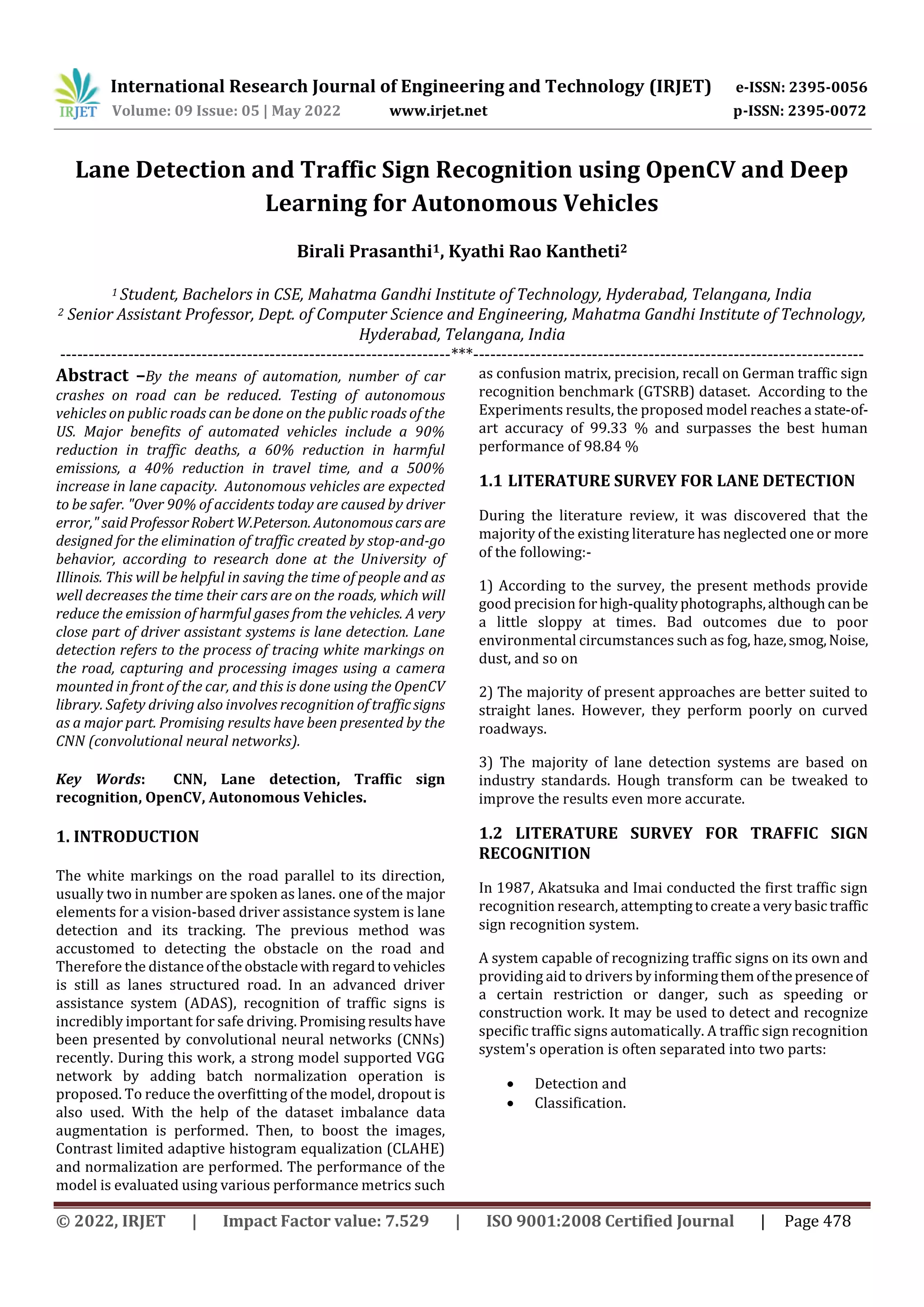 Lane Detection and Traffic Sign Recognition using OpenCV and Deep Learning for Autonomous ...