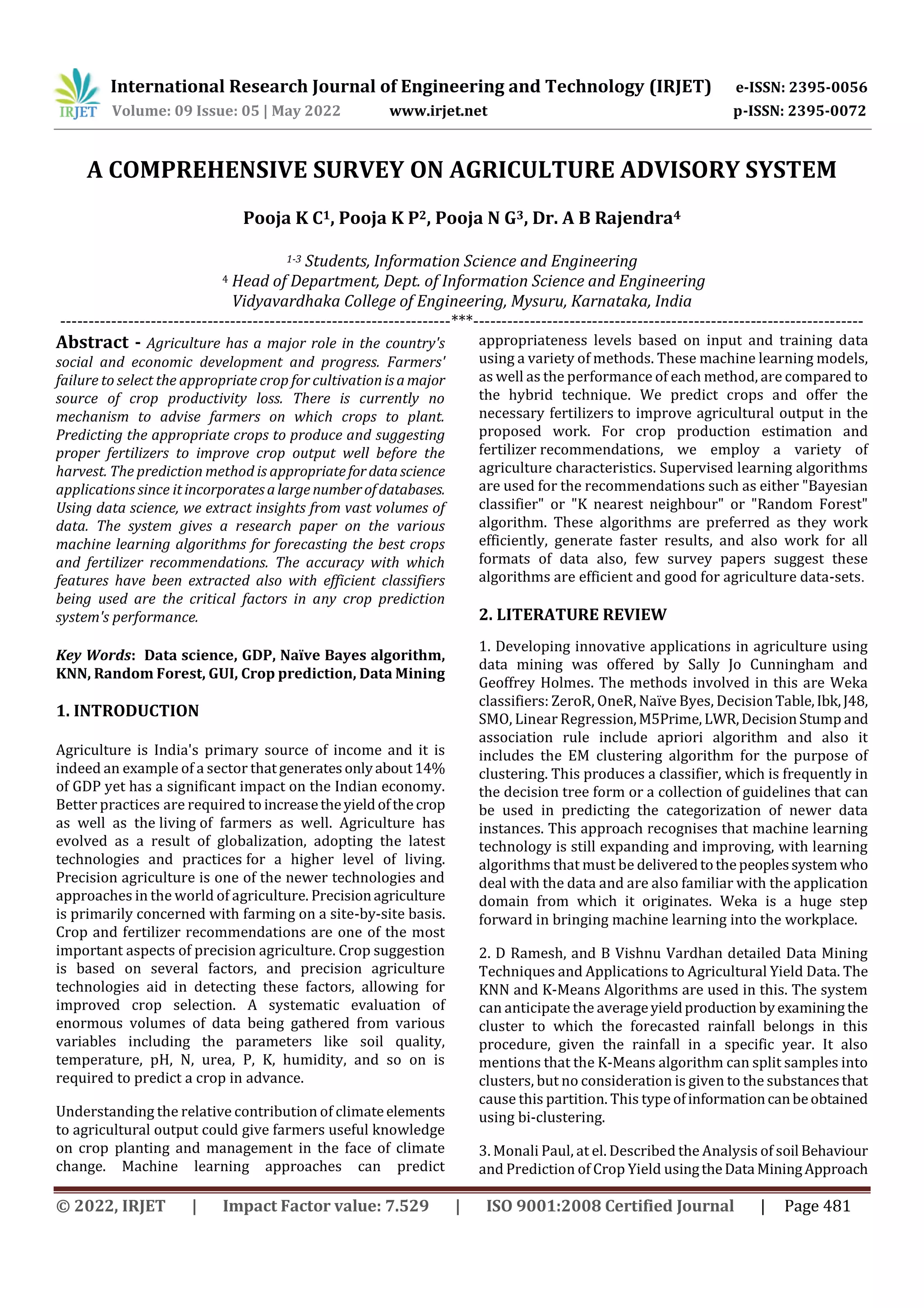 A COMPREHENSIVE SURVEY ON AGRICULTURE ADVISORY SYSTEM | PDF