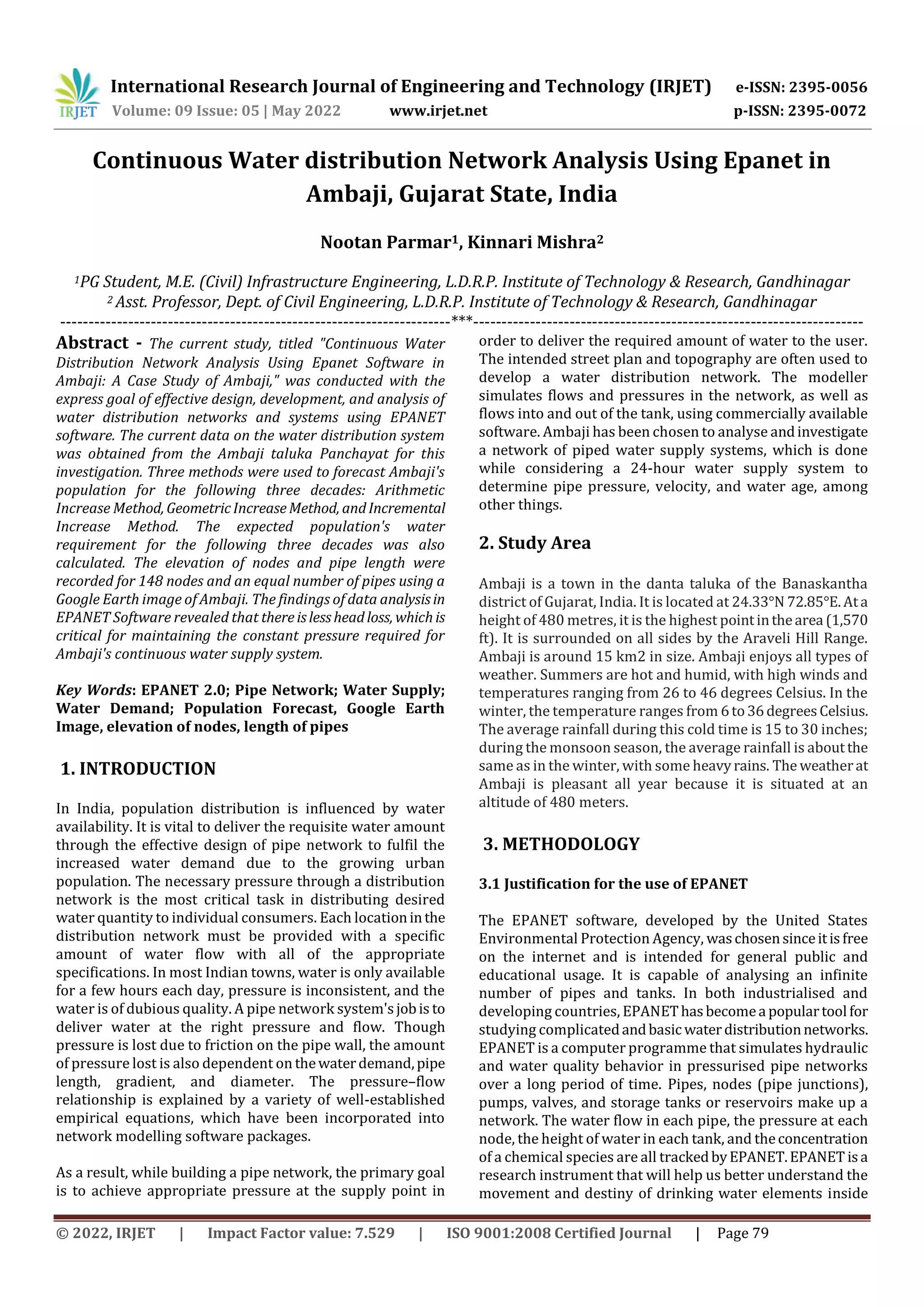 Continuous Water distribution Network Analysis Using Epanet in Ambaji, Gujarat State, India | PDF