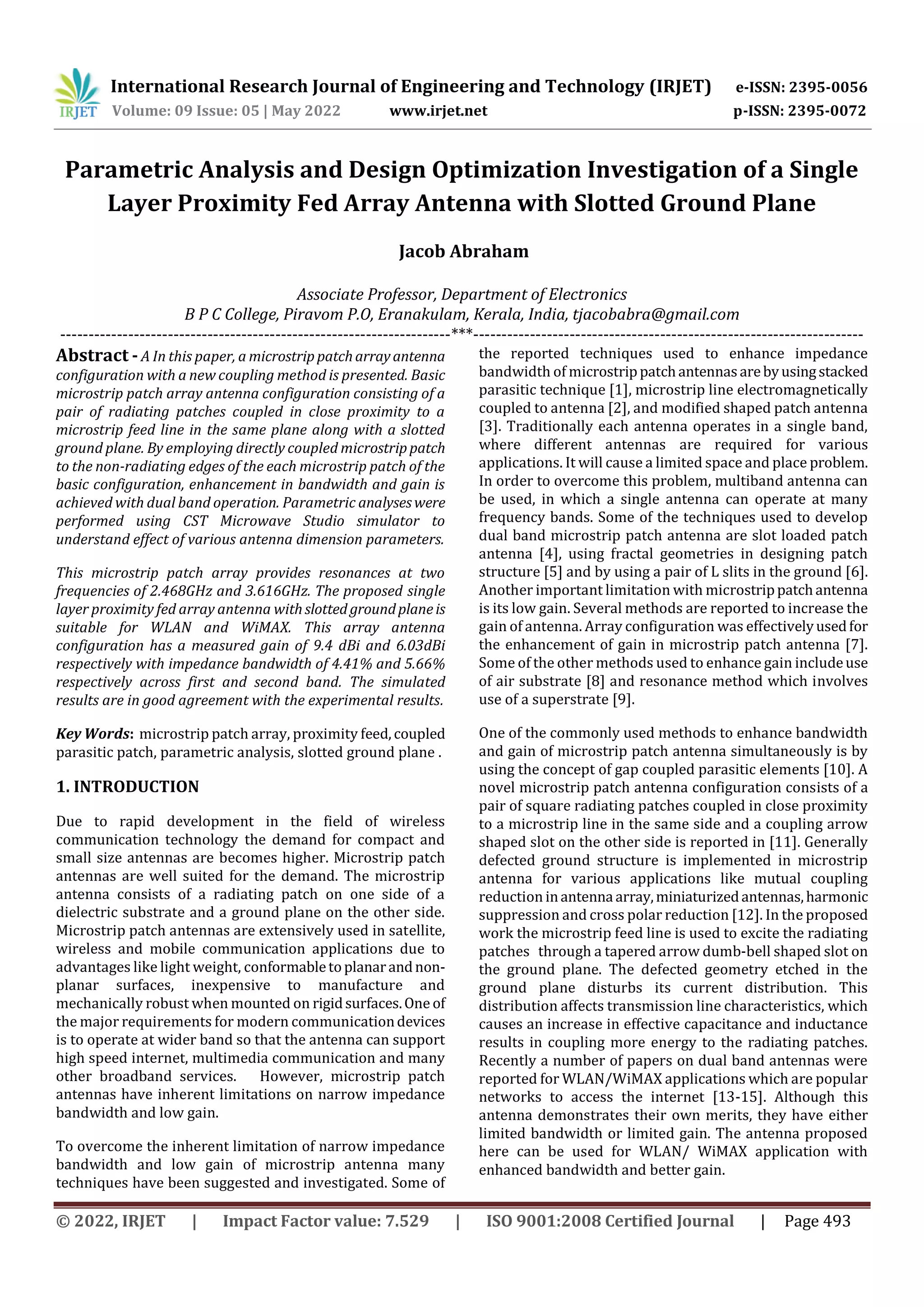 Parametric Analysis and Design Optimization Investigation of a Single Layer Proximity Fed Array ...