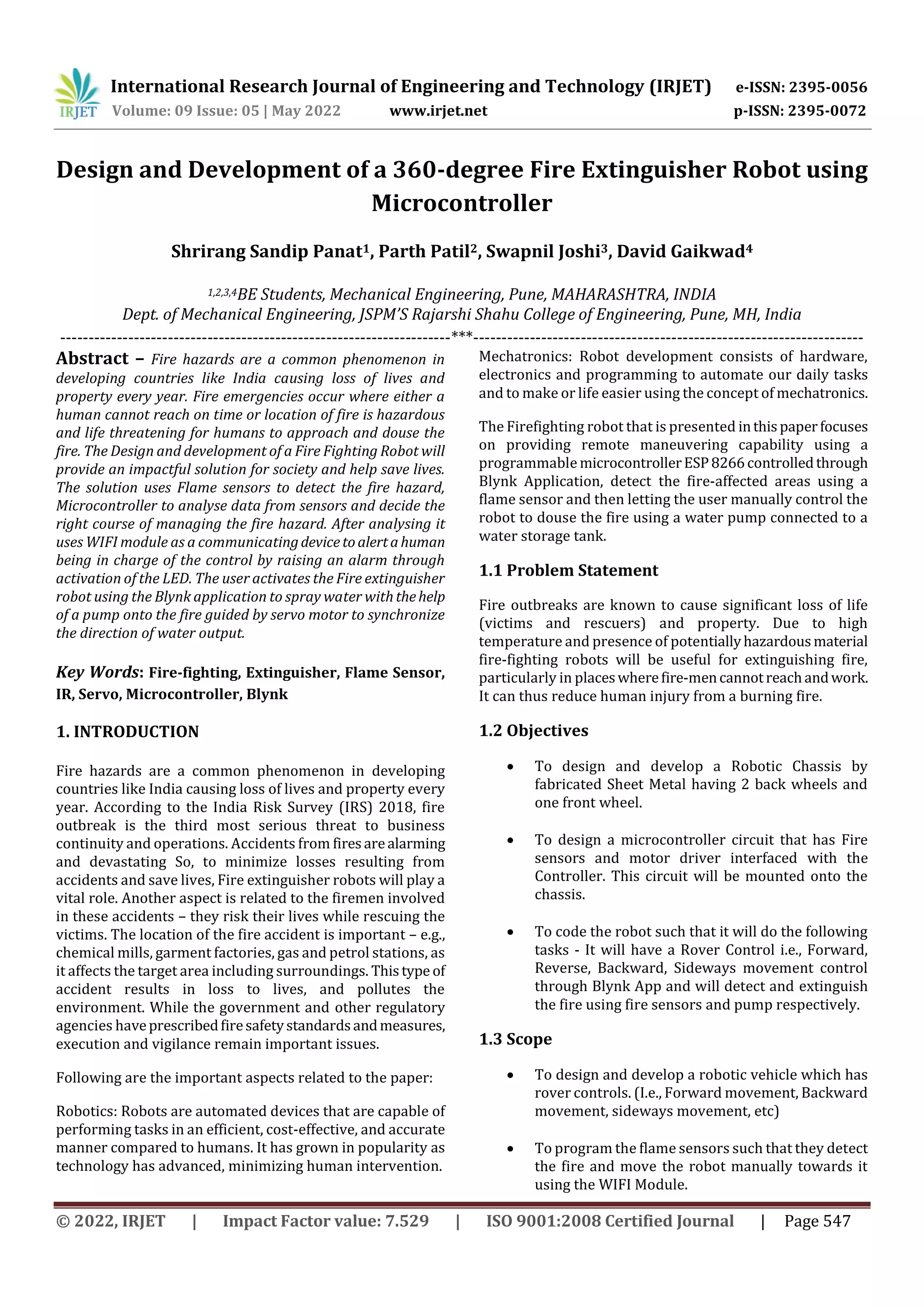 Design and Development of a 360-degree Fire Extinguisher Robot using Microcontroller | PDF
