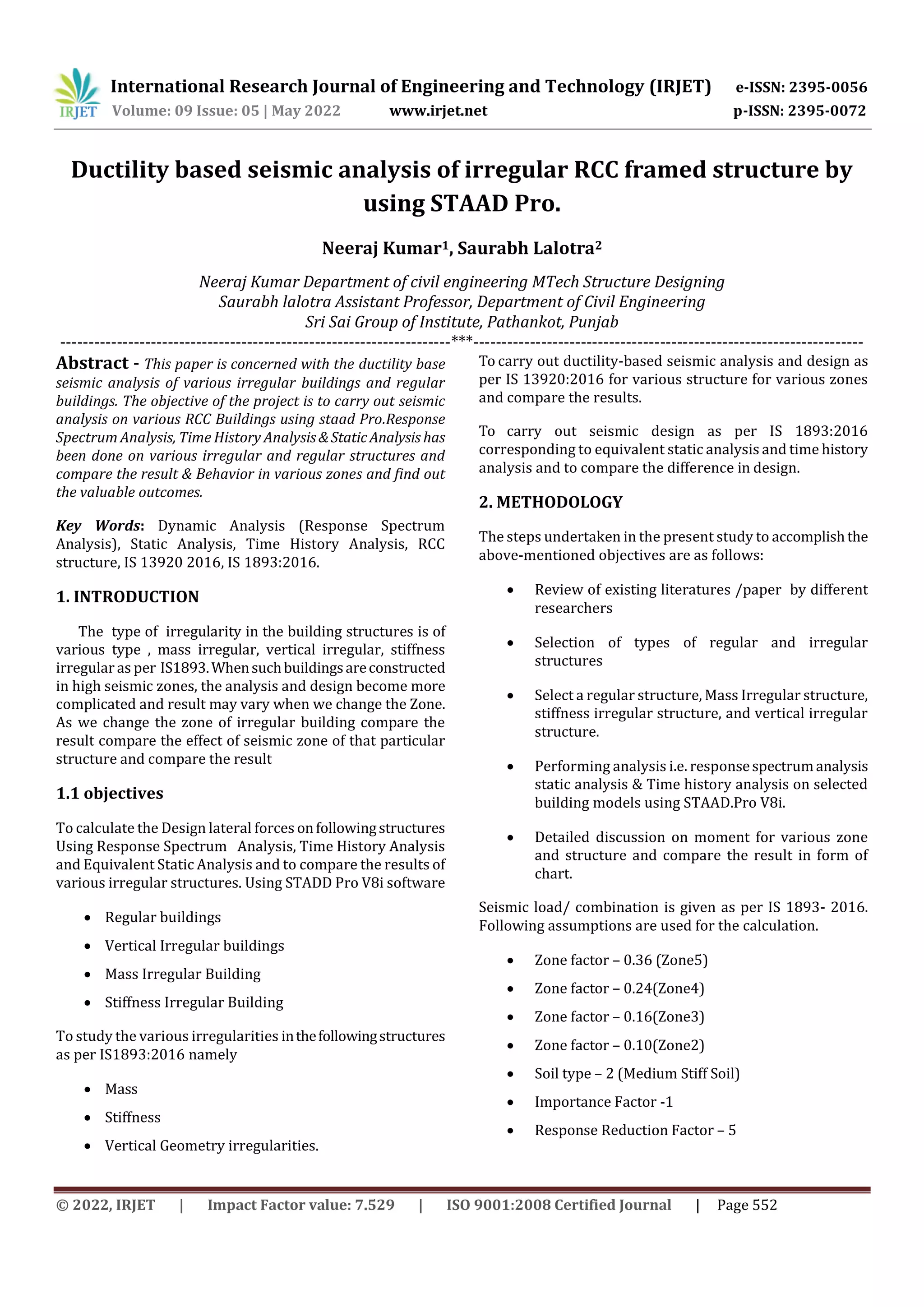 Ductility based seismic analysis of irregular RCC framed structure by using STAAD Pro. | PDF