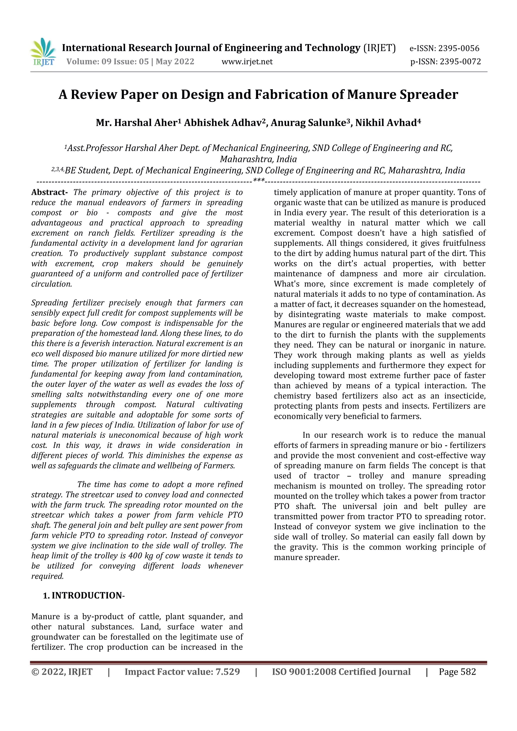 A Review Paper on Design and Fabrication of Manure Spreader | PDF