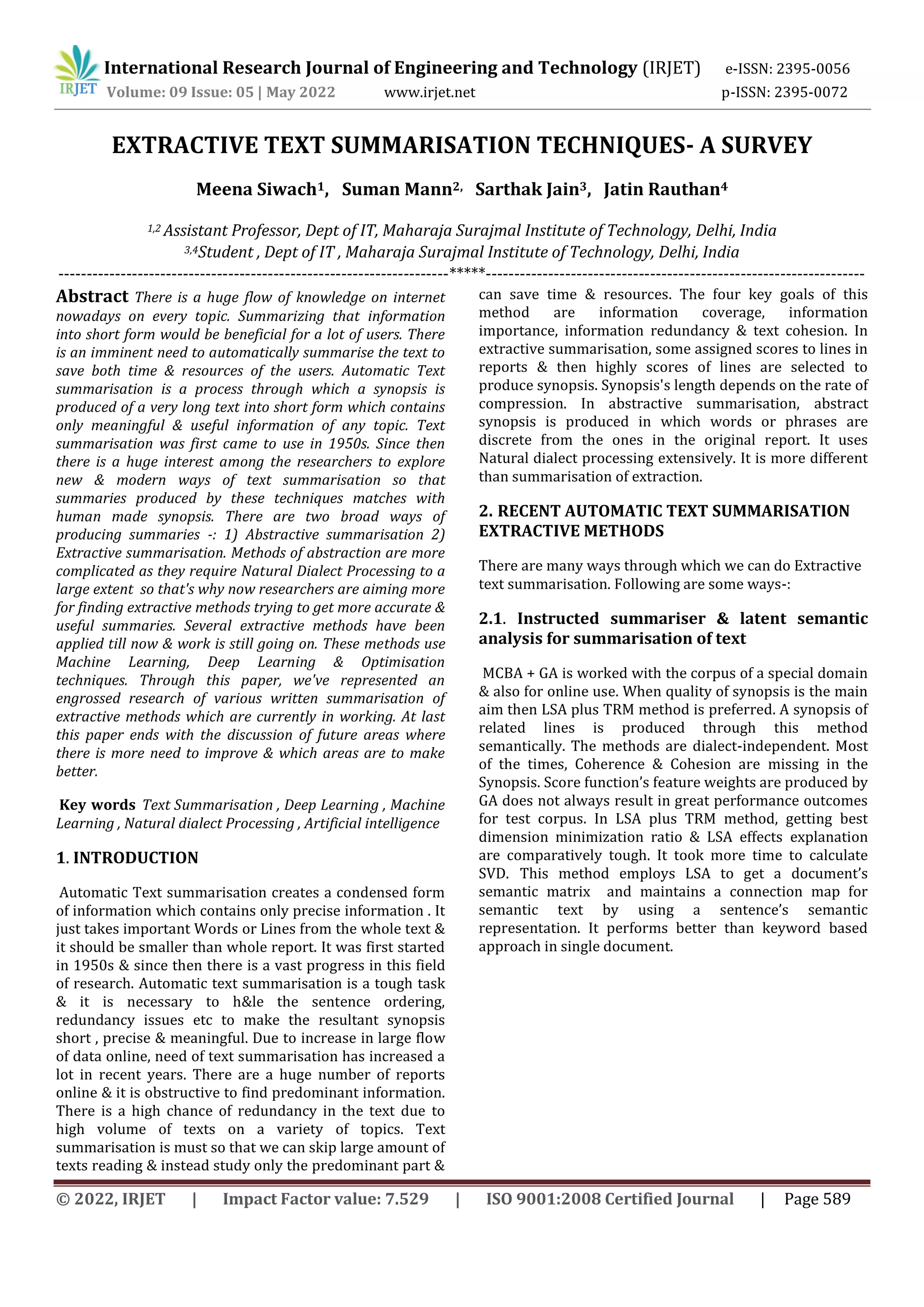 EXTRACTIVE TEXT SUMMARISATION TECHNIQUES- A SURVEY | PDF