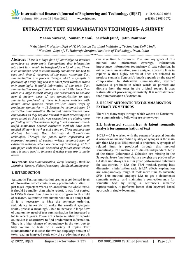 Extractive Text Summarisation Techniques A Survey Pdf
