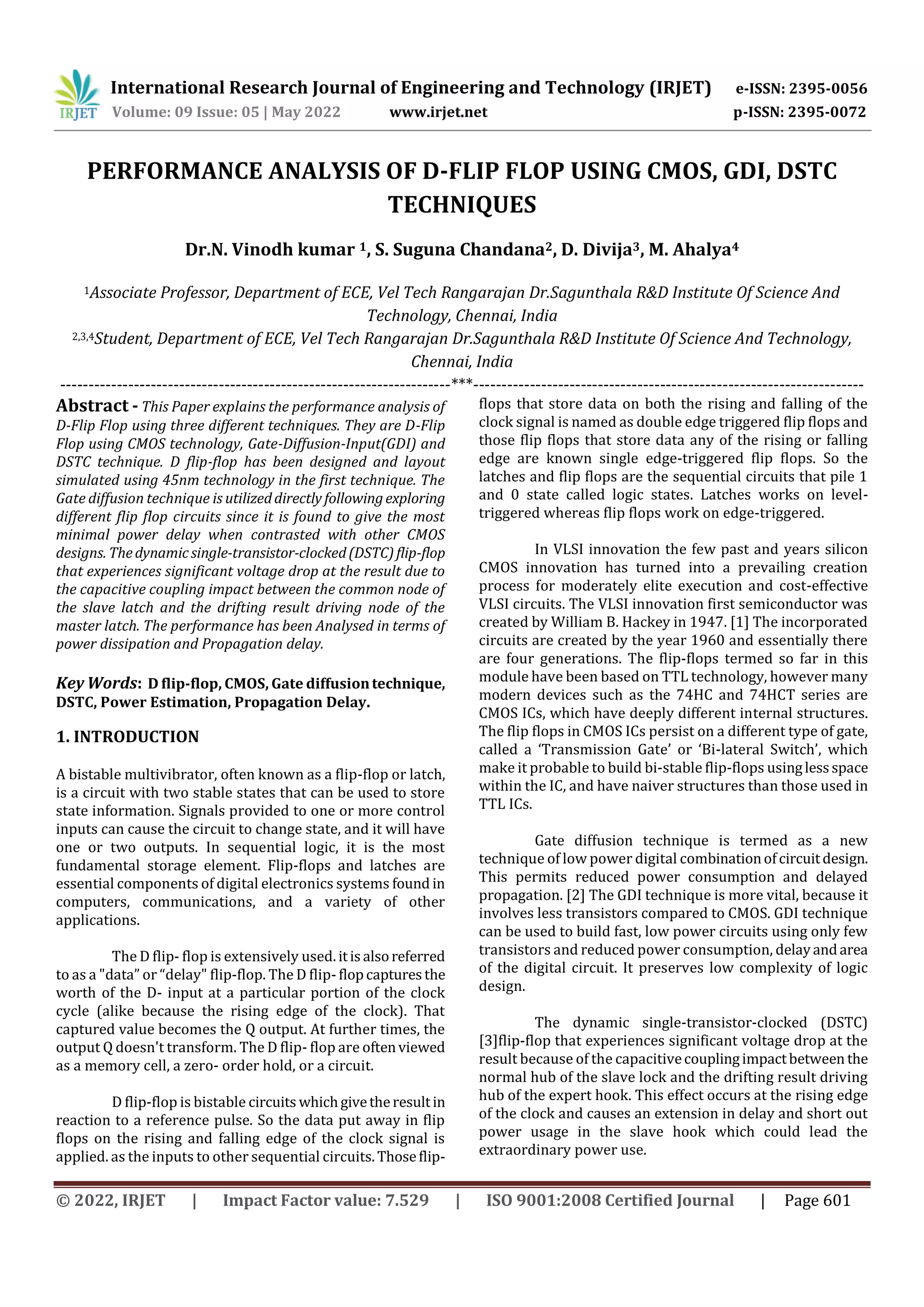 PERFORMANCE ANALYSIS OF D-FLIP FLOP USING CMOS, GDI, DSTC TECHNIQUES | PDF