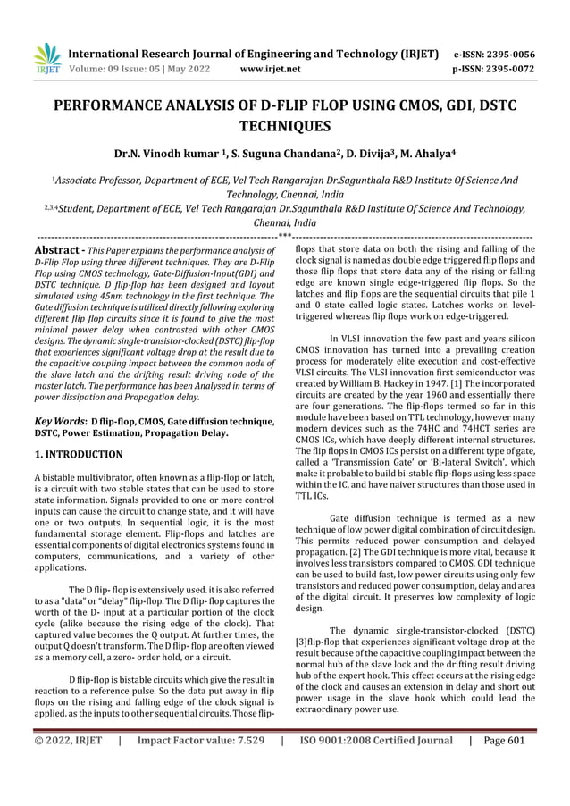 PERFORMANCE ANALYSIS OF D-FLIP FLOP USING CMOS, GDI, DSTC TECHNIQUES | PDF | Consumer ...