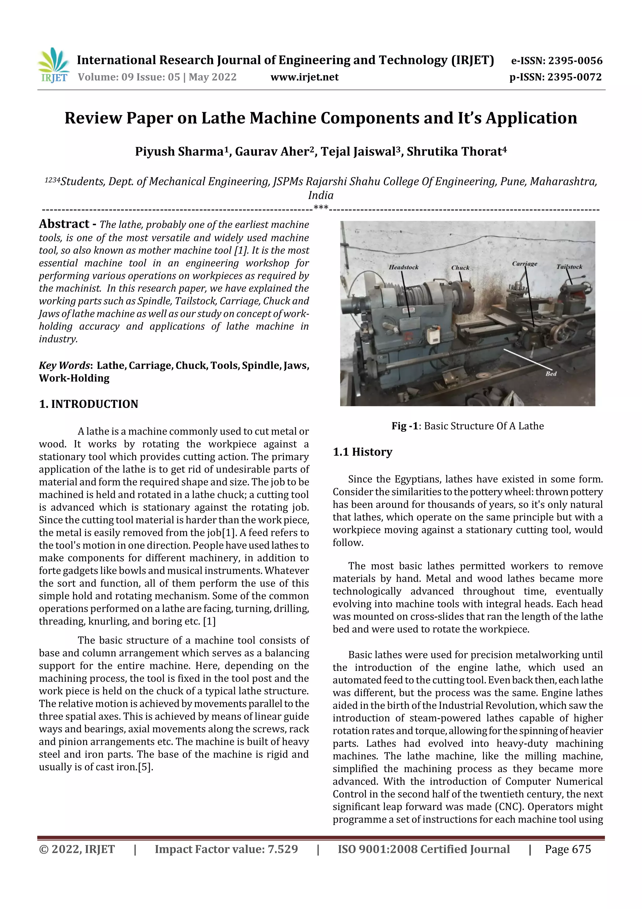 Review Paper on Lathe Machine Components and It’s Application | PDF