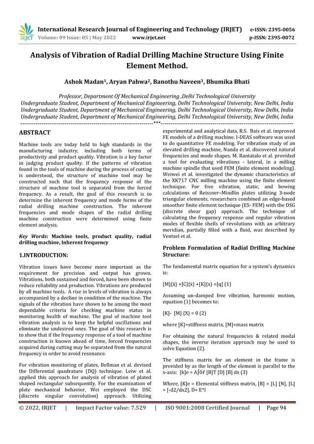 Analysis of Vibration of Radial Drilling Machine Structure Using Finite Element Method. | PDF
