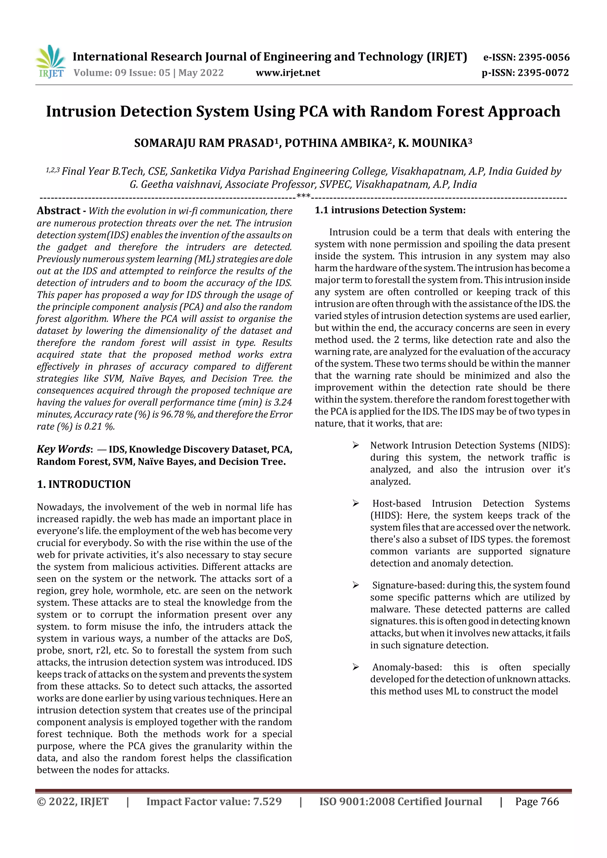 Intrusion Detection System Using Pca With Random Forest Approach Pdf