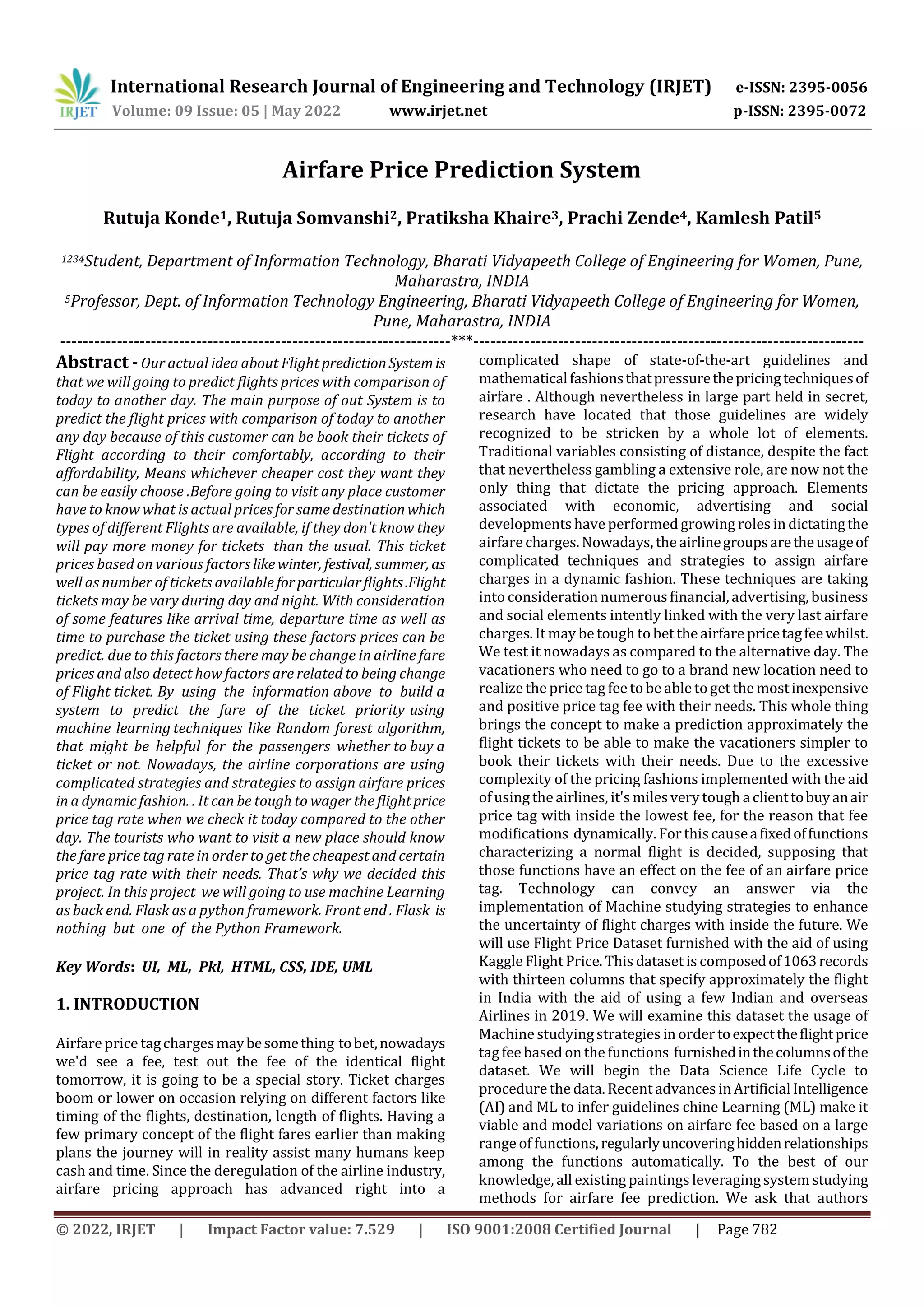 Airfare Price Prediction System | PDF