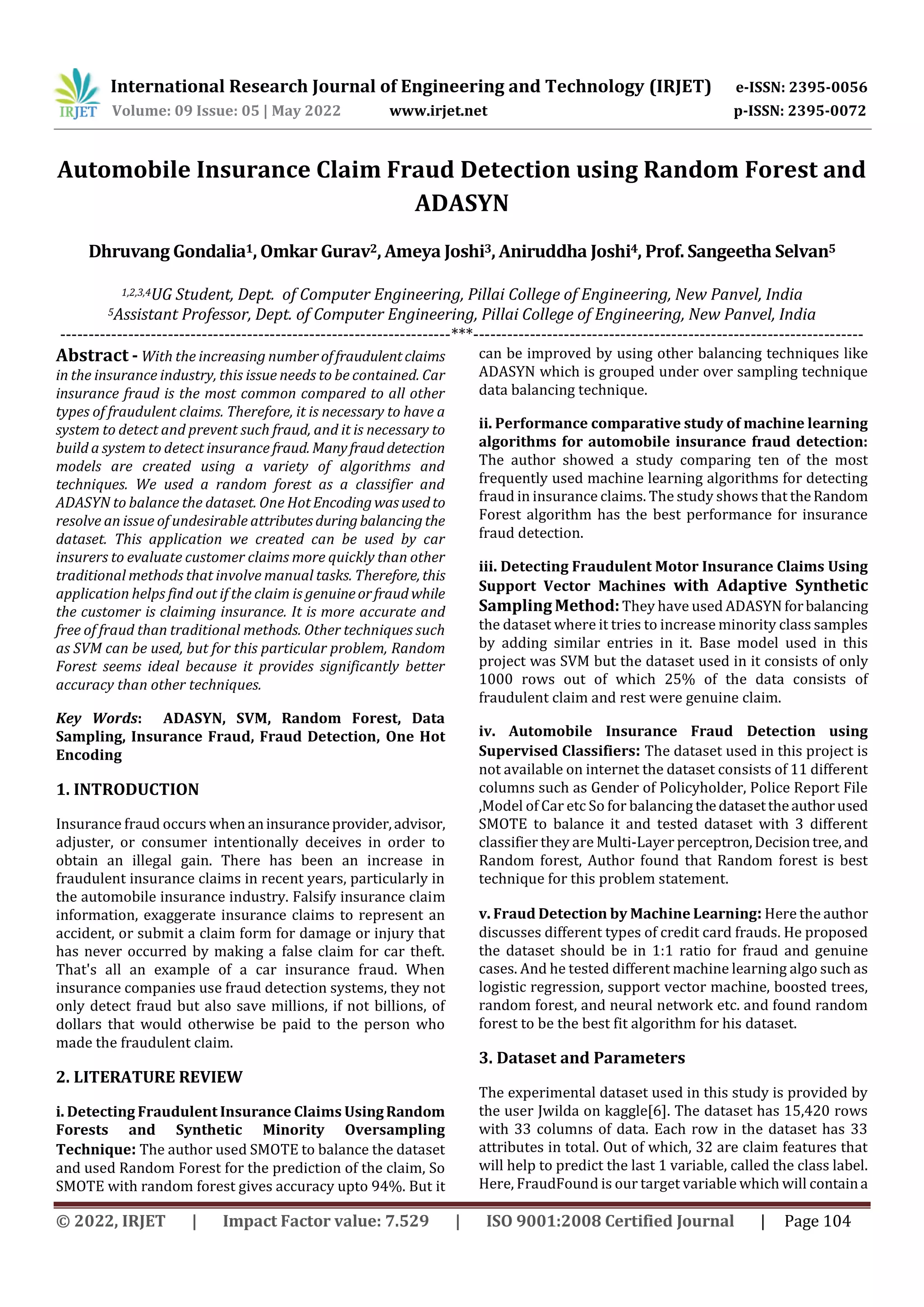 Automobile Insurance Claim Fraud Detection using Random Forest and ADASYN | PDF