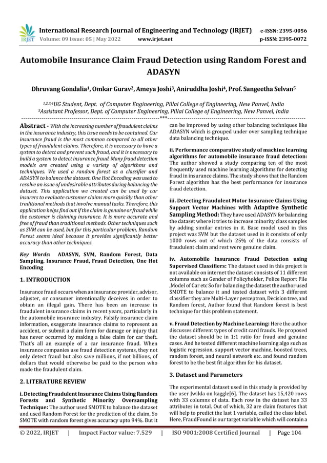 Automobile Insurance Claim Fraud Detection using Random Forest and ADASYN | PDF