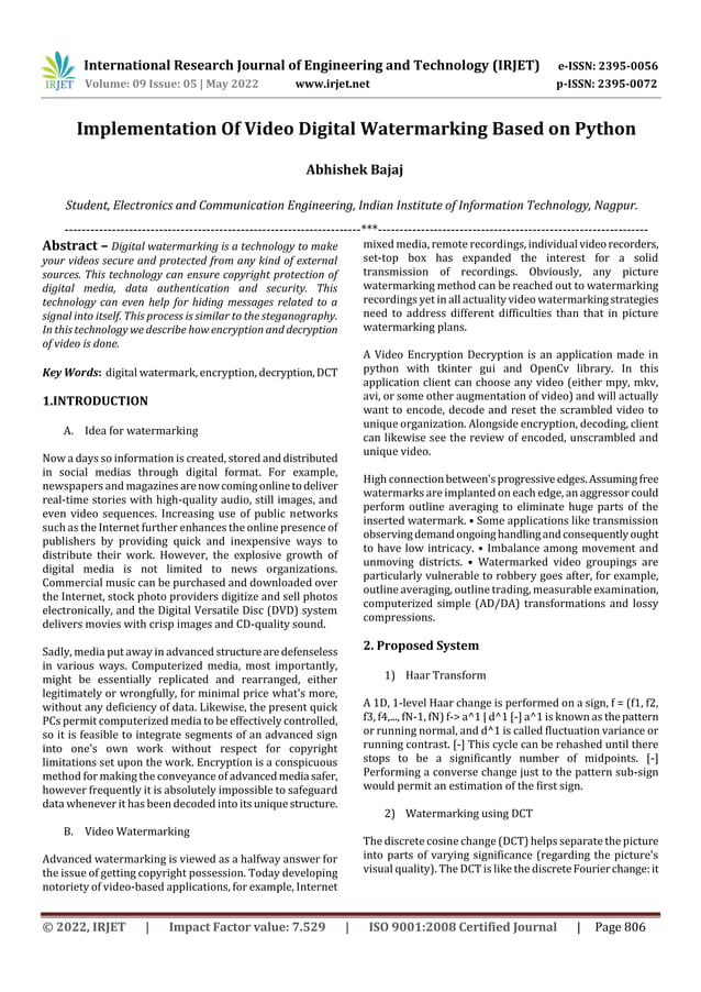 Implementation Of Video Digital Watermarking Based On Python Pdf