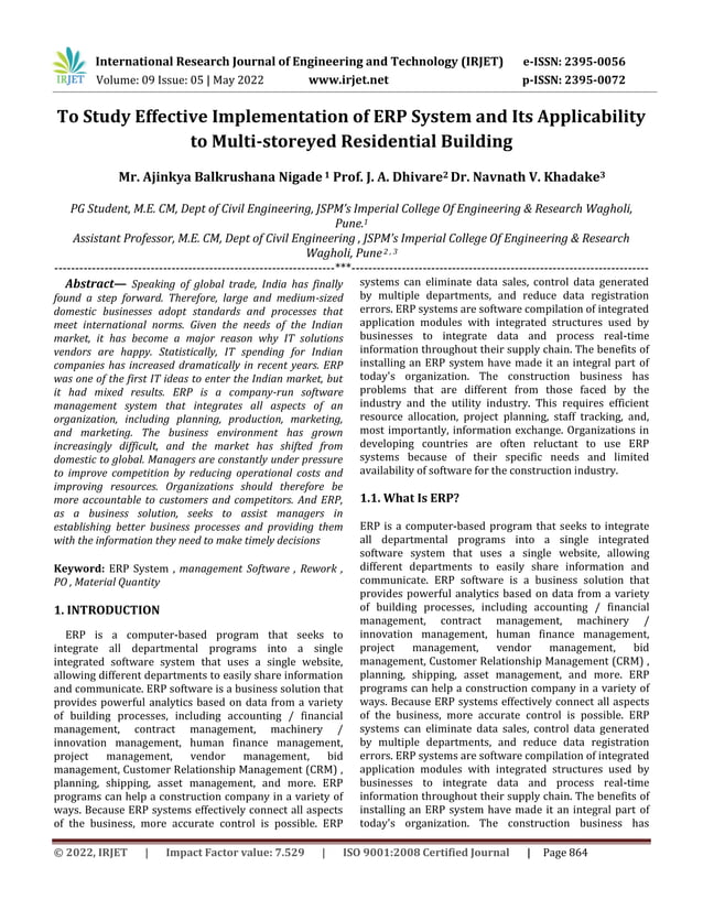 To Study Effective Implementation of ERP System and Its Applicability to Multi-storeyed ...