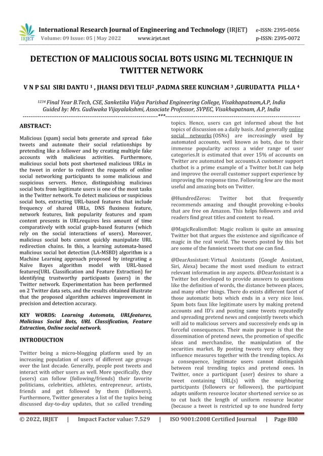 DETECTION OF MALICIOUS SOCIAL BOTS USING ML TECHNIQUE IN TWITTER NETWORK | PDF